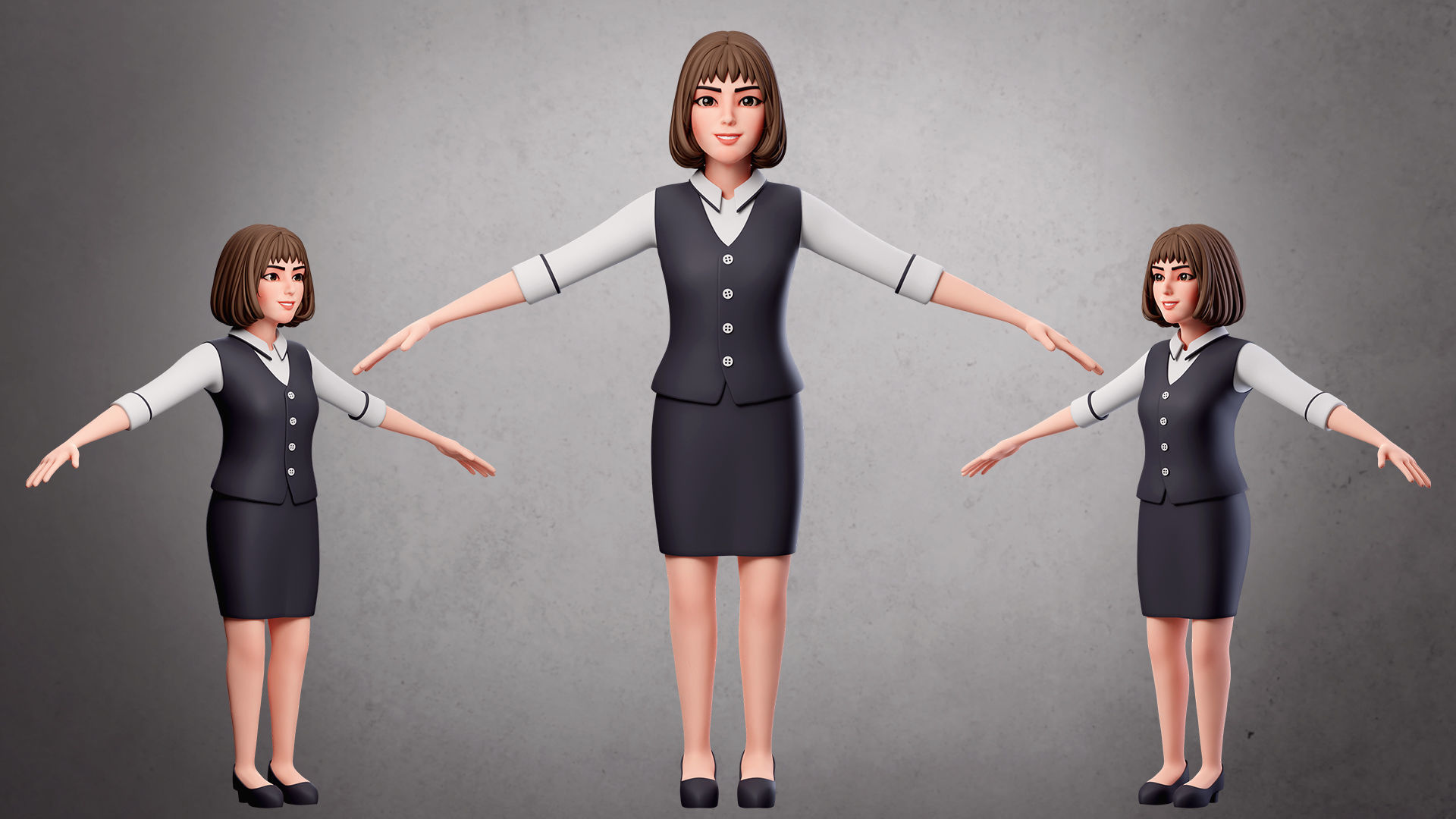 3D Cartoon Character - Cute woman with formal dressed 3D model rigged ...