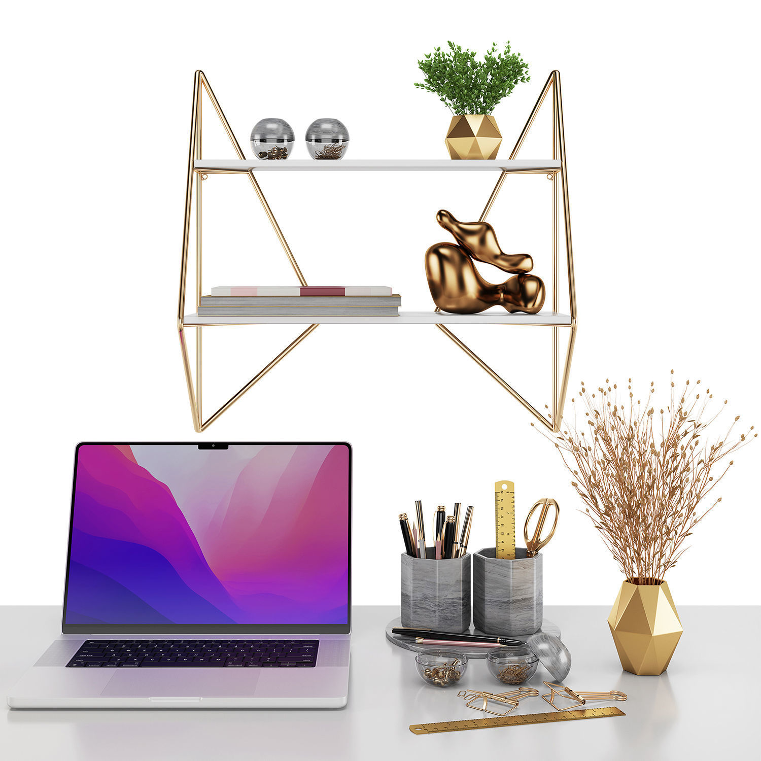 Golden Workplace Set 01 3D model | CGTrader