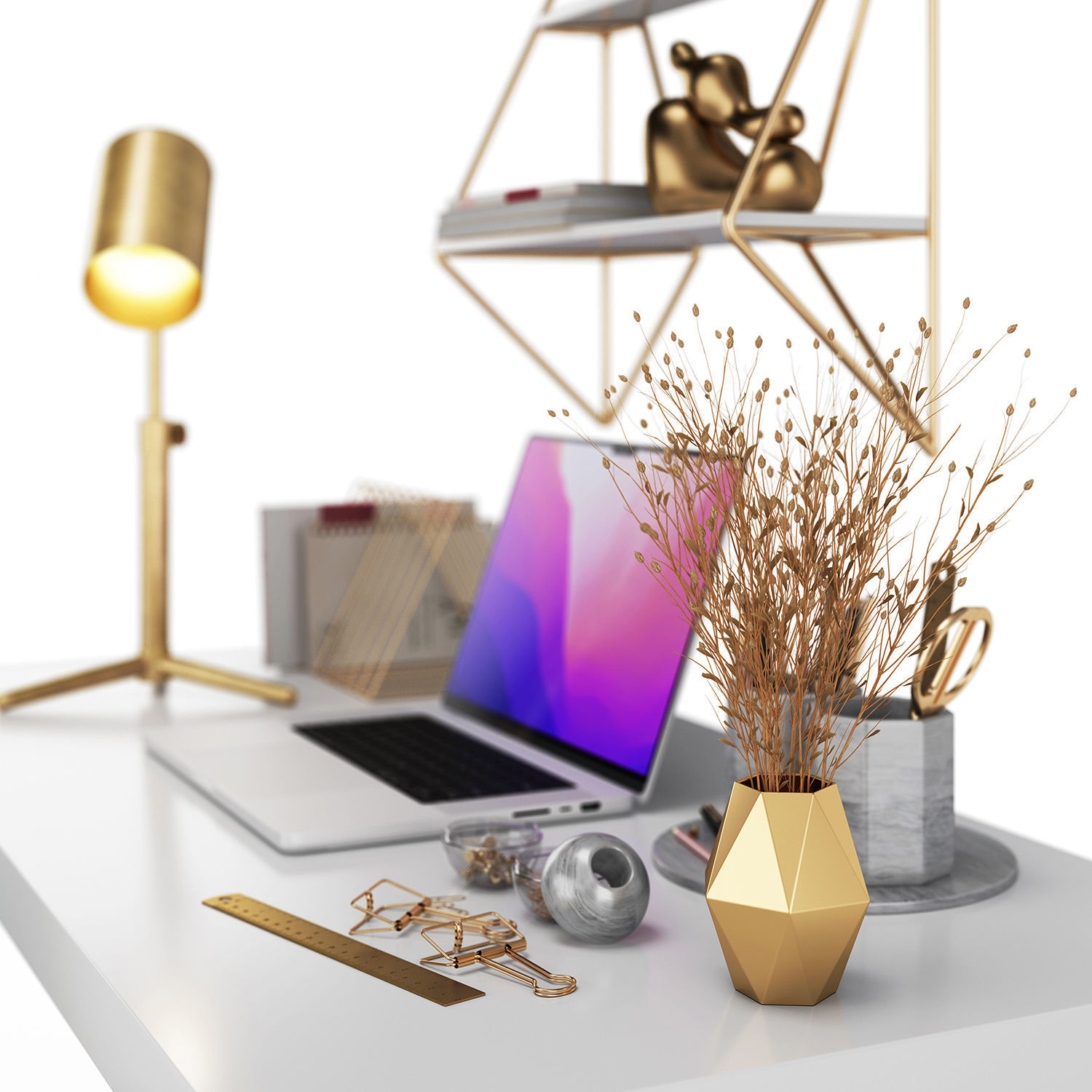 Golden Workplace Set 01 3D model | CGTrader