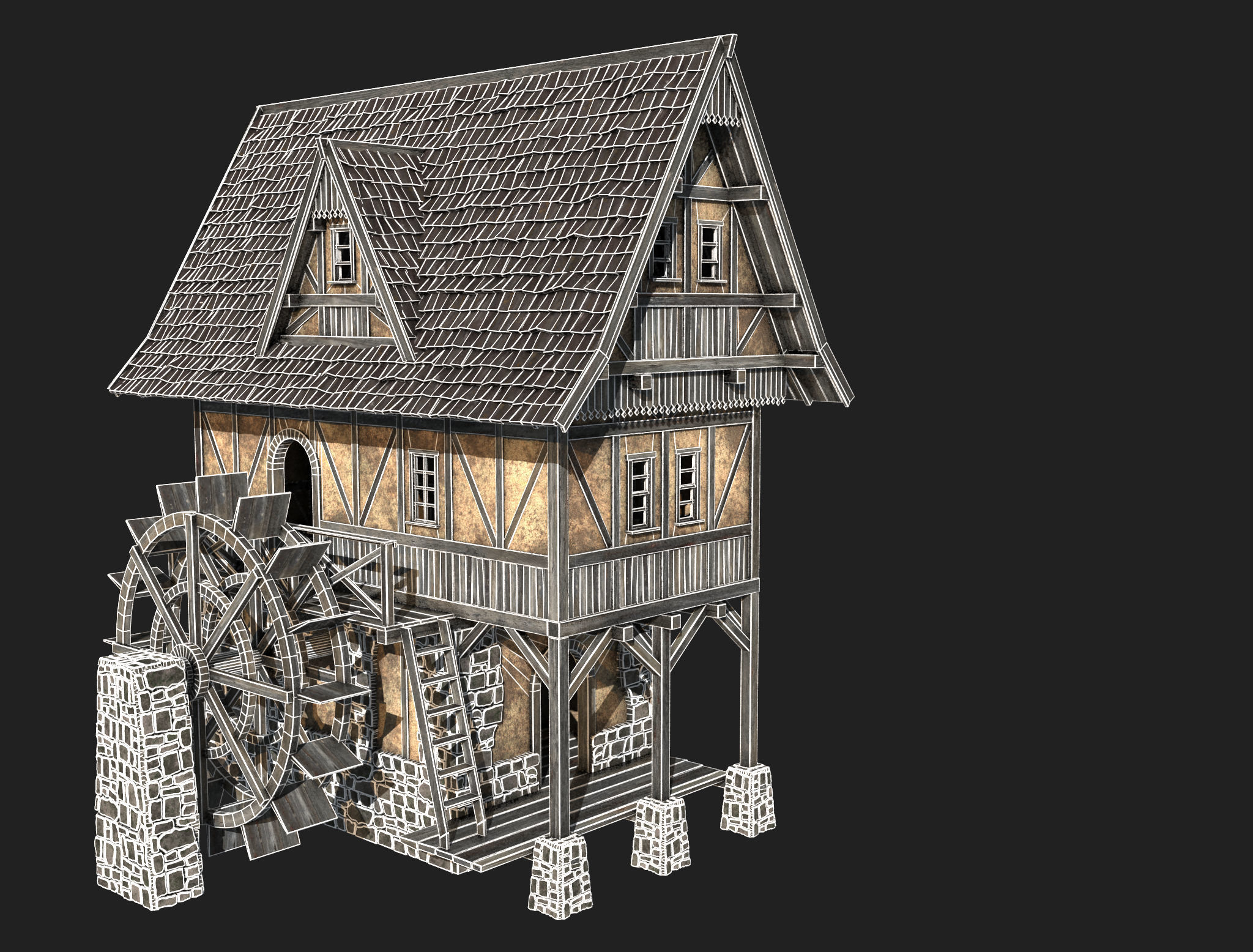3D model FANTASY WATERMILL MEDIEVAL BUILDING HOUSE HUT TOWN COLLECTION ...