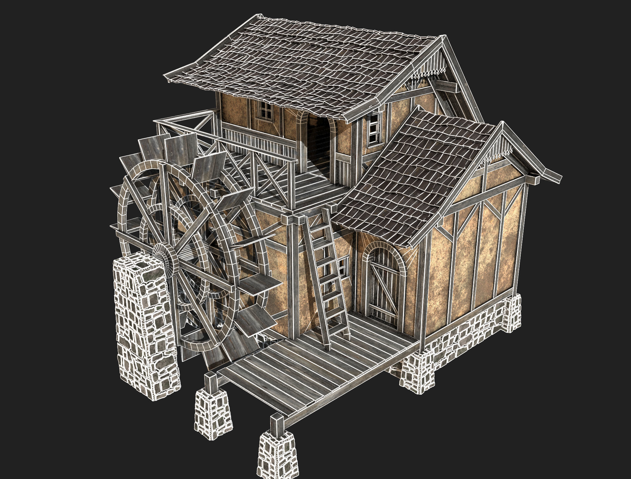 3D model FANTASY WATERMILL MEDIEVAL BUILDING HOUSE HUT TOWN COLLECTION ...