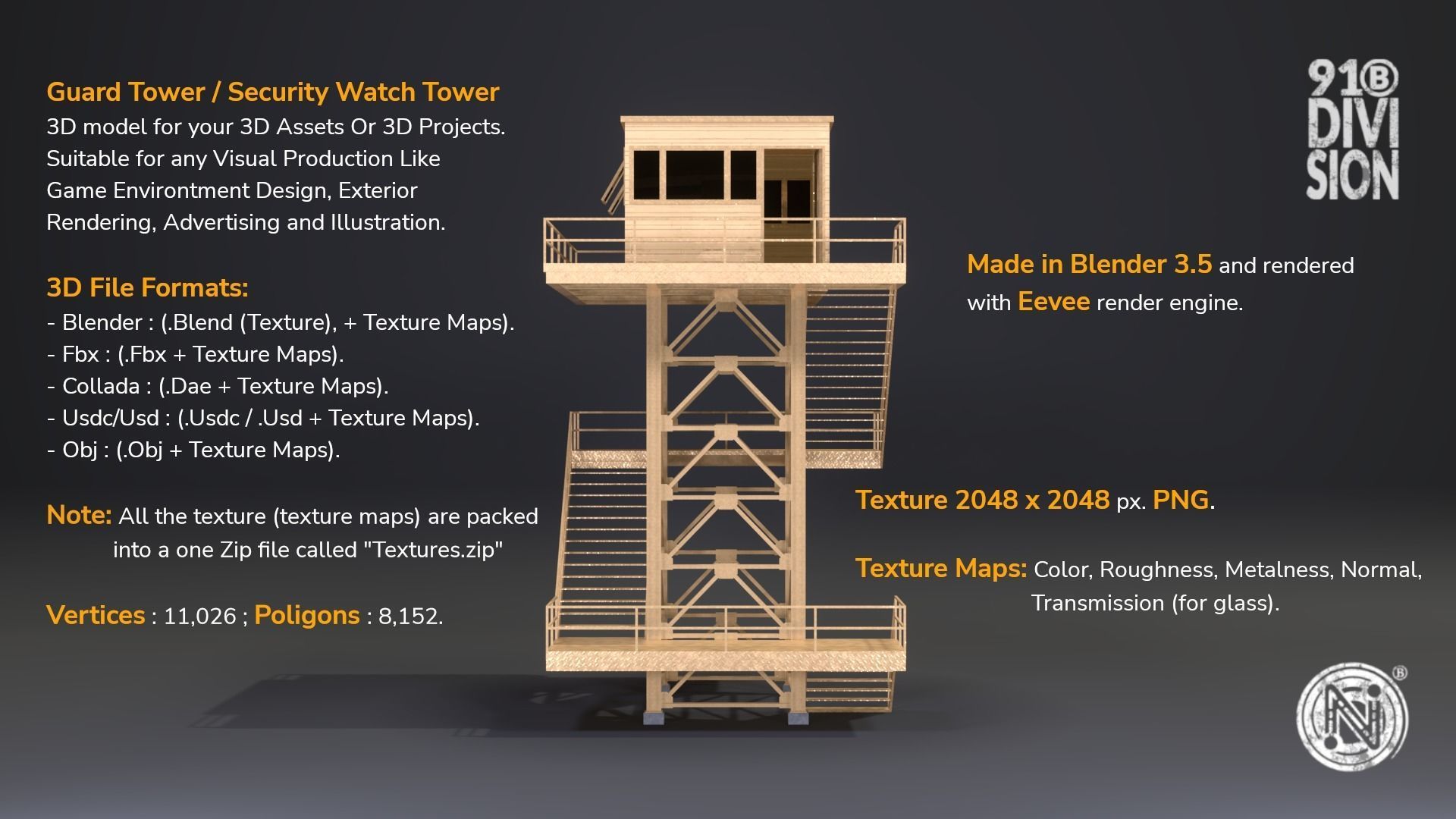 3D model PBR Low Poly Guard Tower Security Watch Tower Cream Clean VR ...