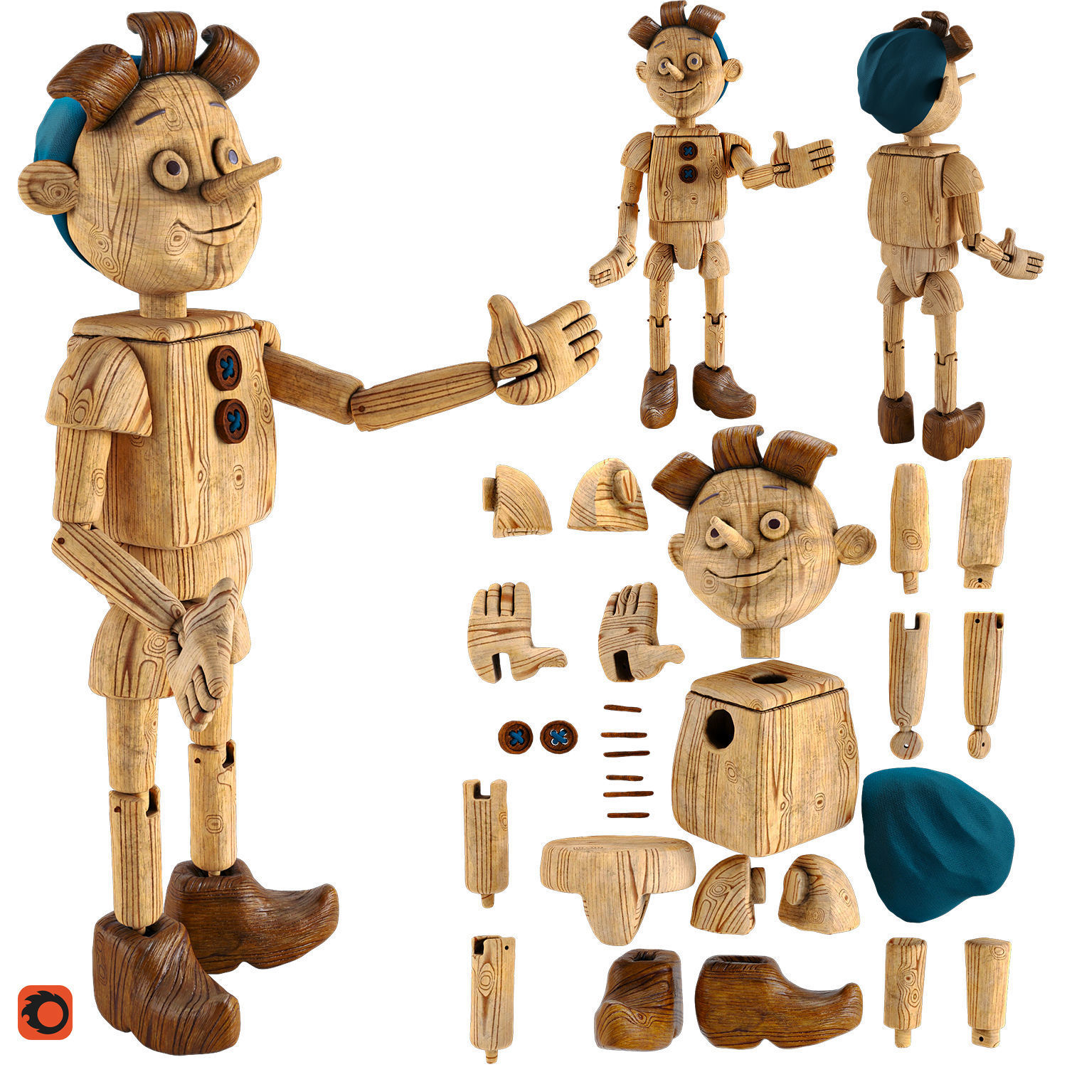 PINOCCHIO WITH 10 WOOD SMART MATERIALS 3D model | CGTrader