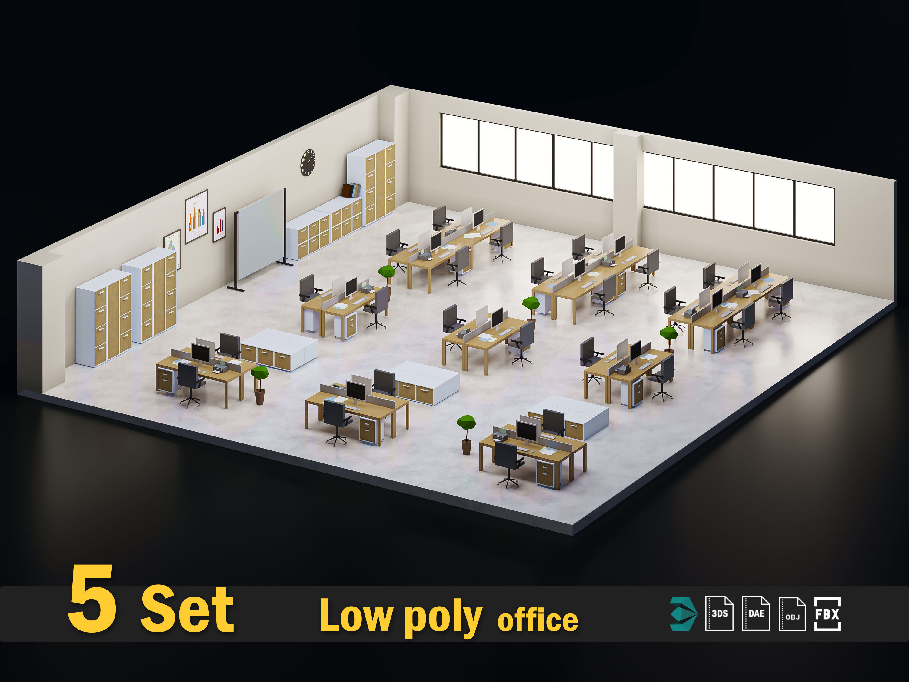 3D model 5 set low poly interior office VR / AR / low-poly | CGTrader