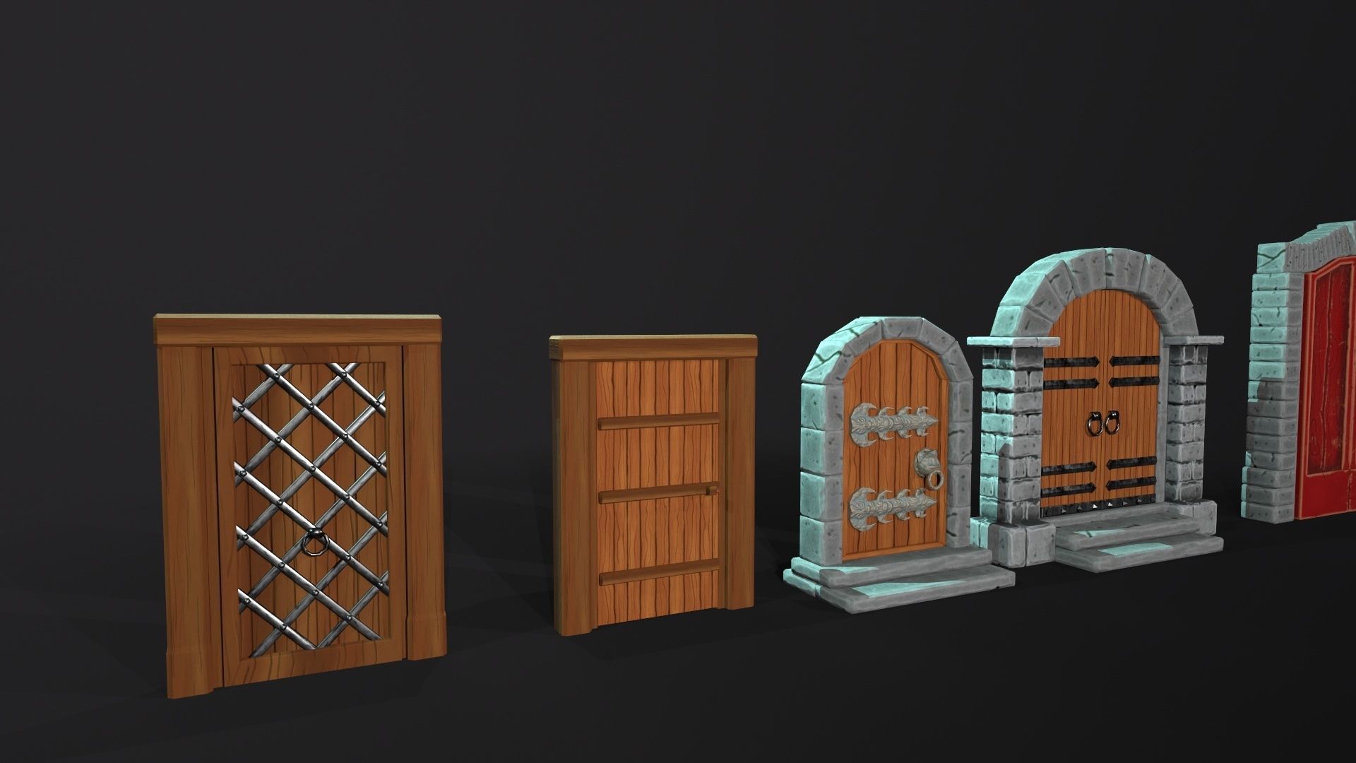3D model Medieval stylized doors and windows pack low poly PBR game asset VR / AR / low-poly ...