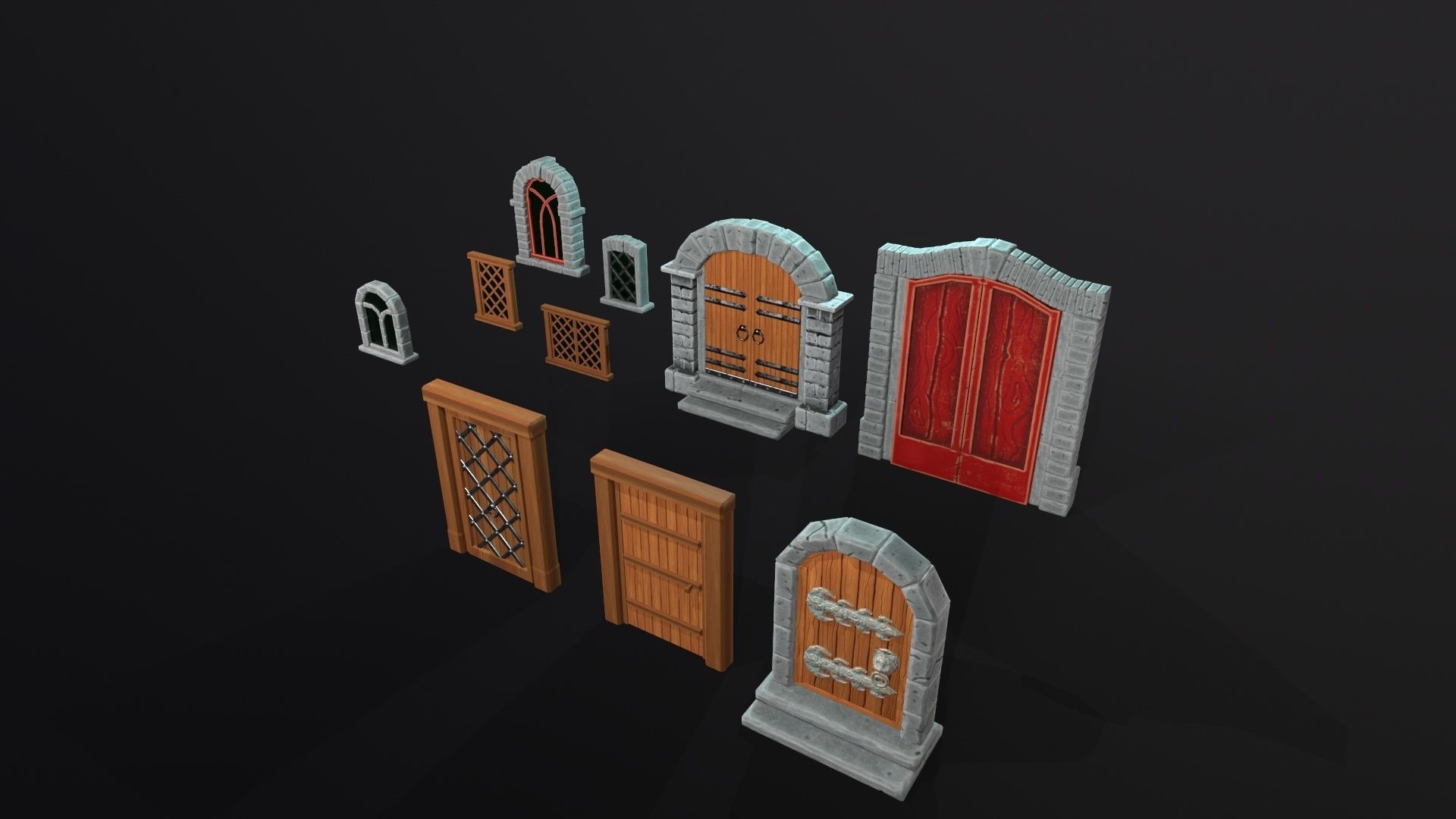 3D model Medieval stylized doors and windows pack low poly PBR game ...