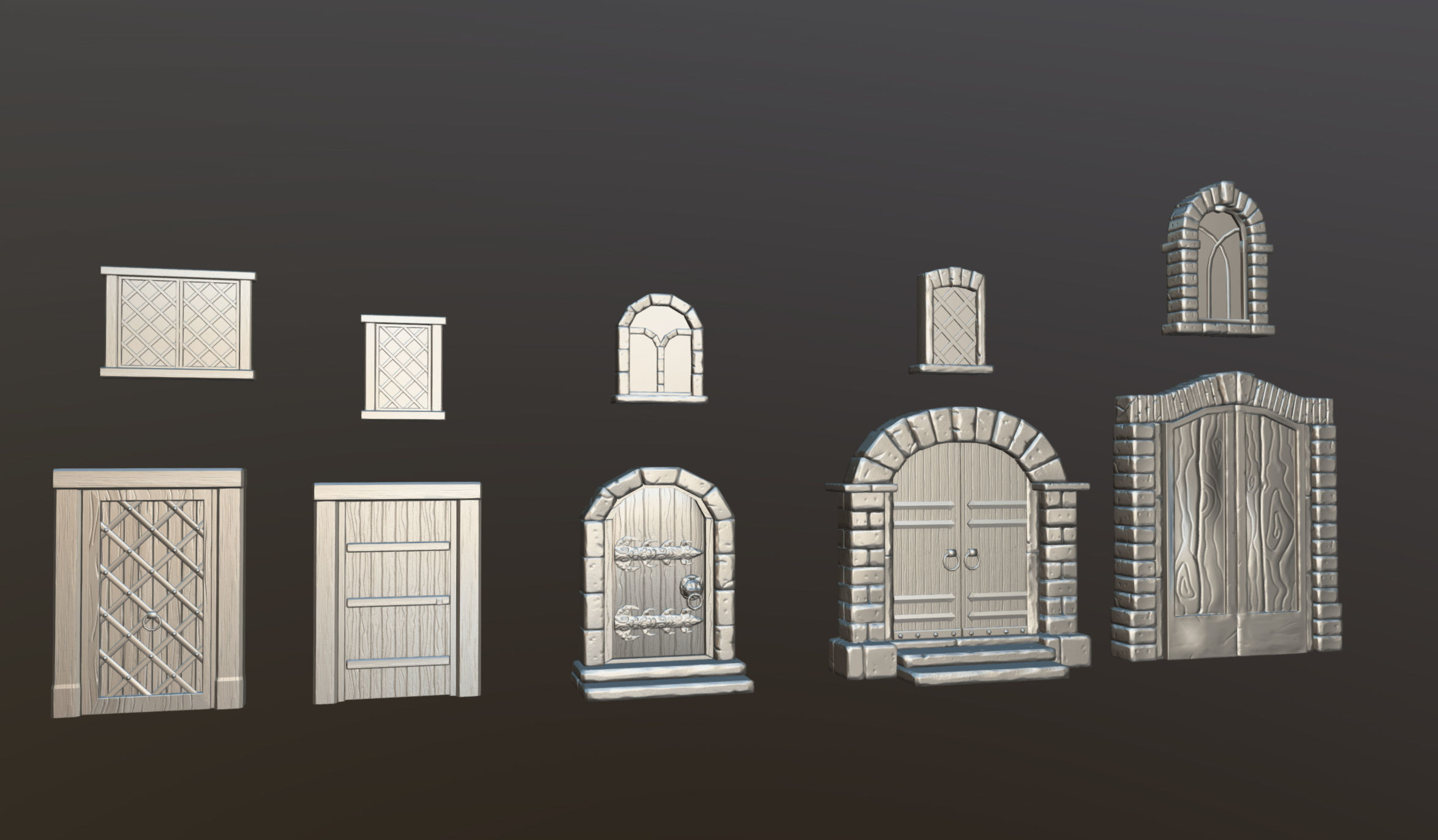 3D model Medieval stylized doors and windows pack low poly PBR game ...