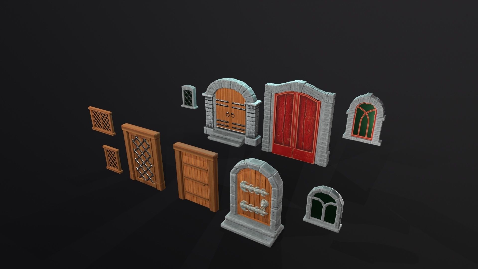 3D model Medieval stylized doors and windows pack low poly PBR game ...