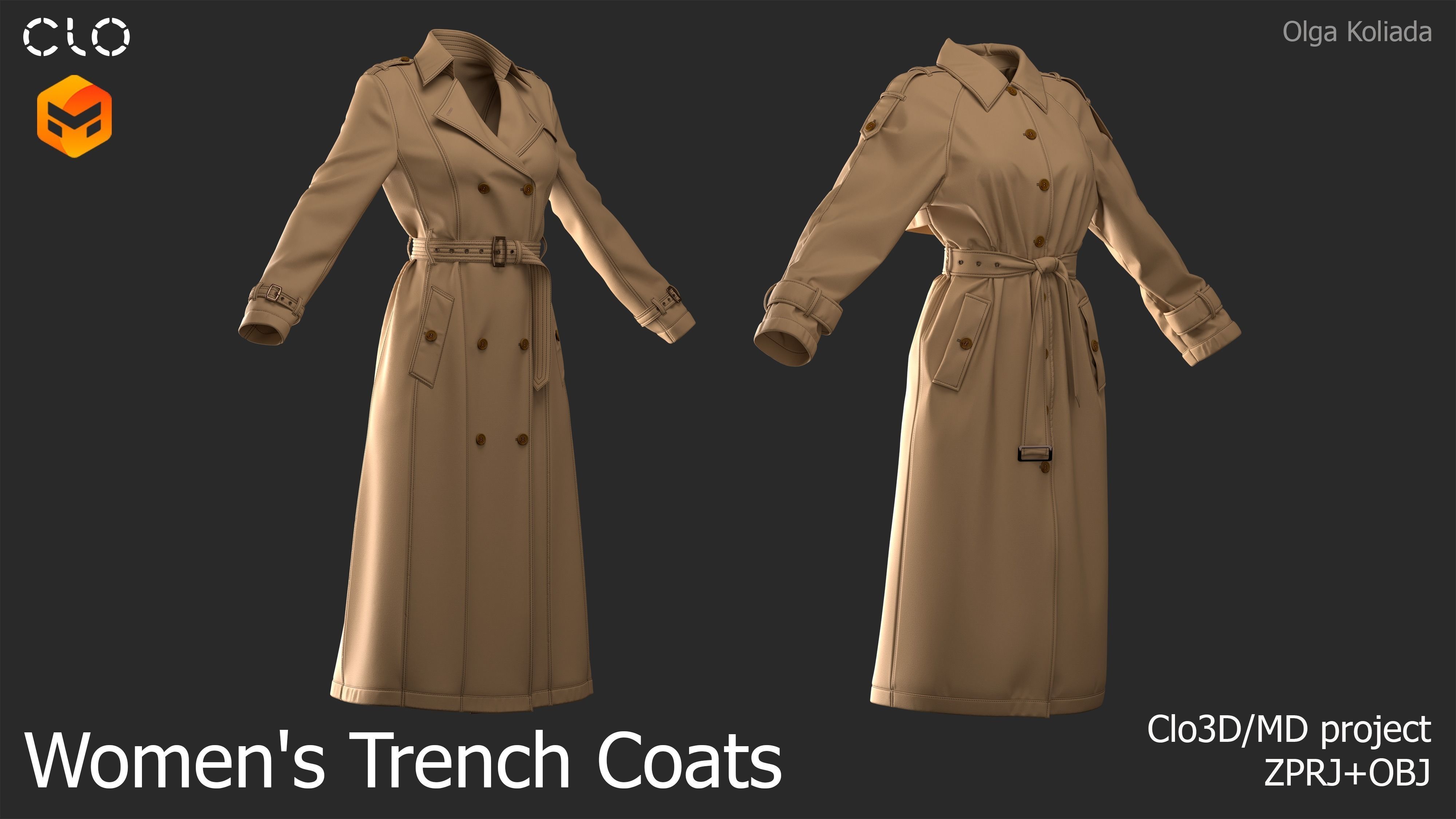 Womens Trench Coats Marvelous Designer project and OBJ 3D model | CGTrader