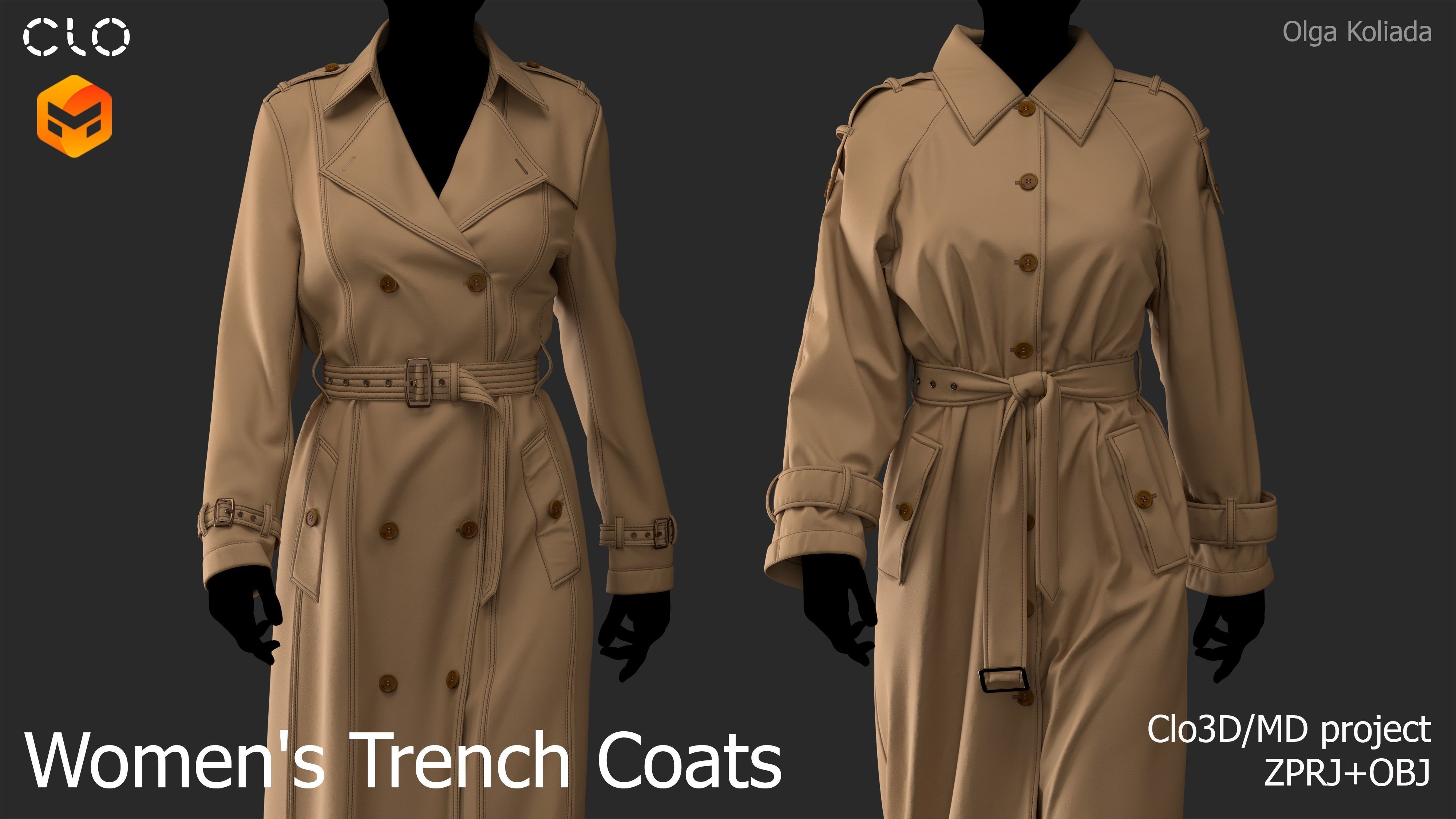 Womens Trench Coats Marvelous Designer project and OBJ 3D model | CGTrader
