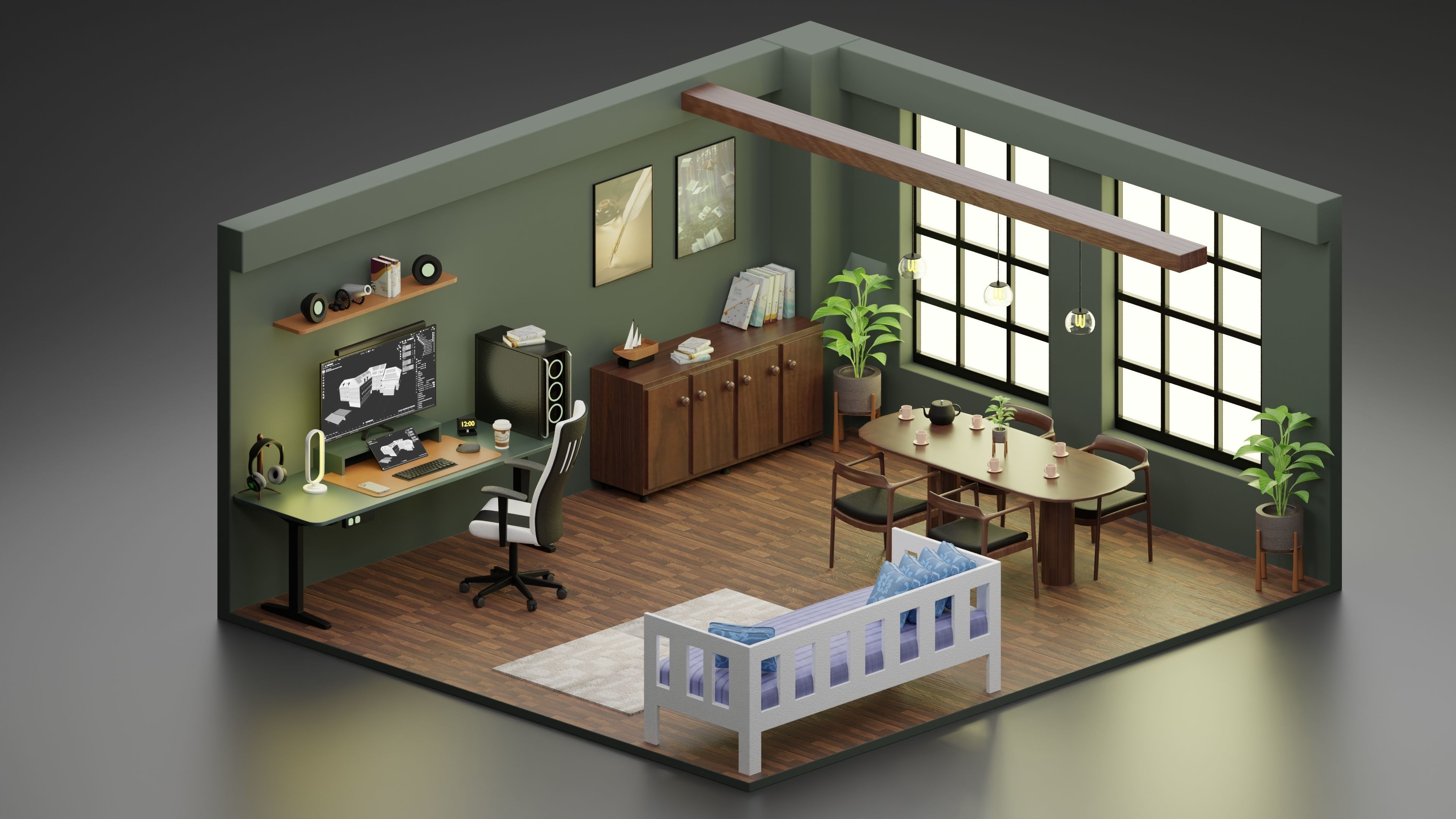 LIVING AND OFFICE ROOM 3D model | CGTrader