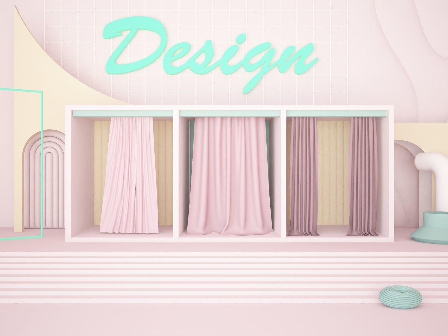 Selling booth curtains in candy style pink interior with neon 3D model ...