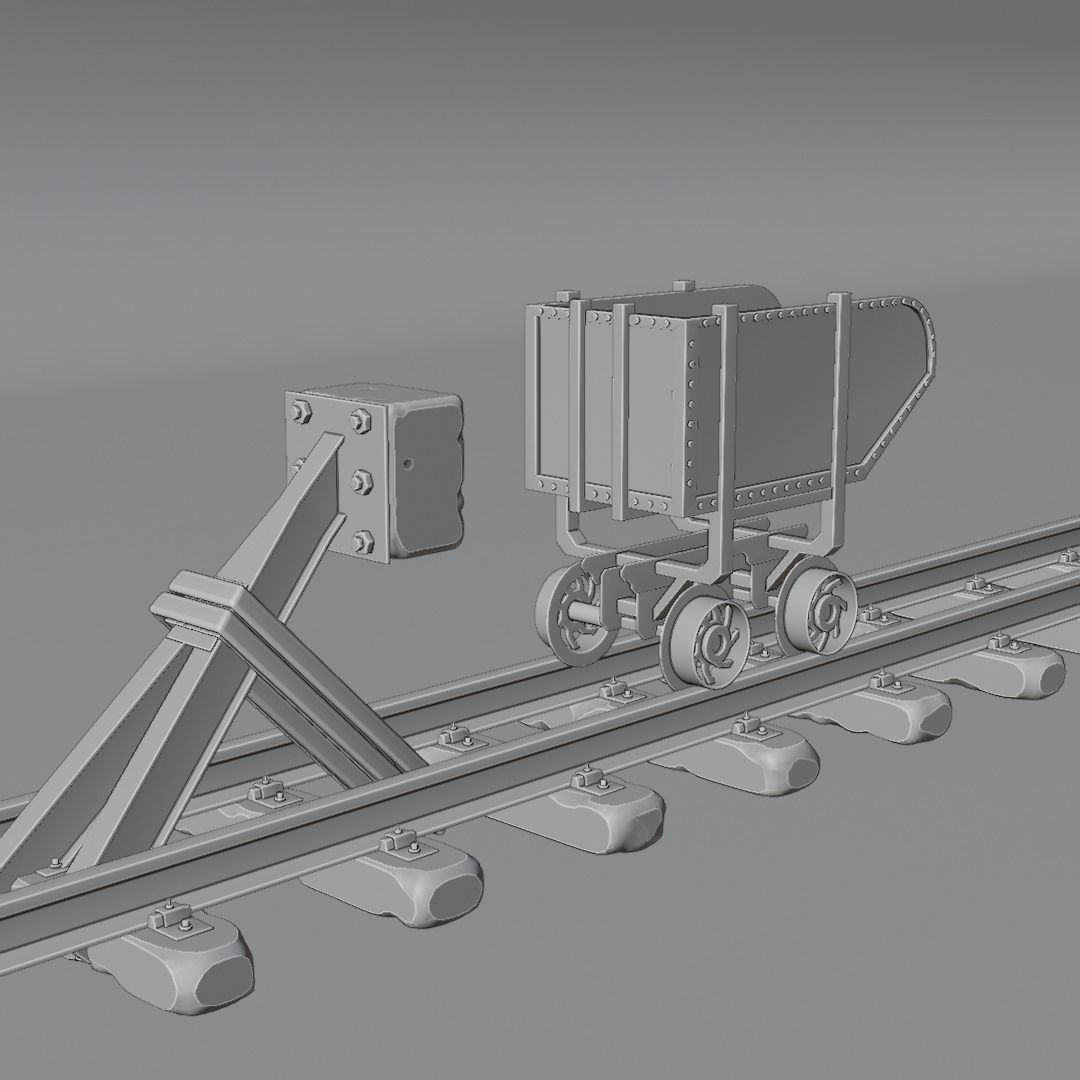 Modular Rails with Mine Cart and Wood Iron Stop 3D model | CGTrader