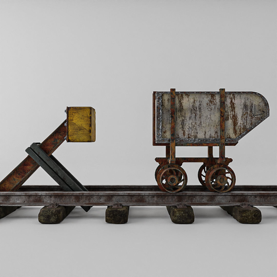 Modular Rails with Mine Cart and Wood Iron Stop 3D model | CGTrader