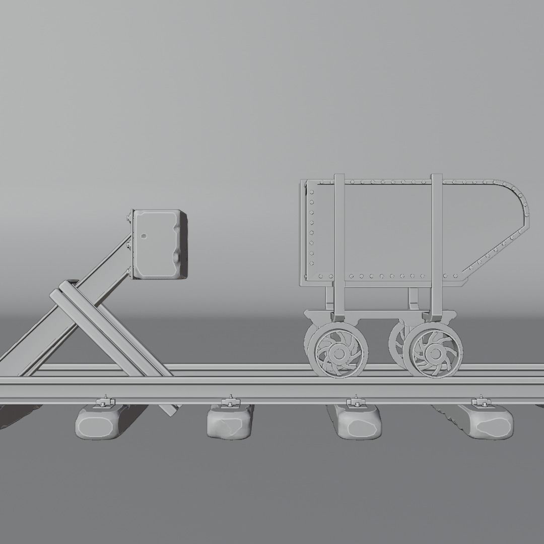 Modular Rails with Mine Cart and Wood Iron Stop 3D model | CGTrader