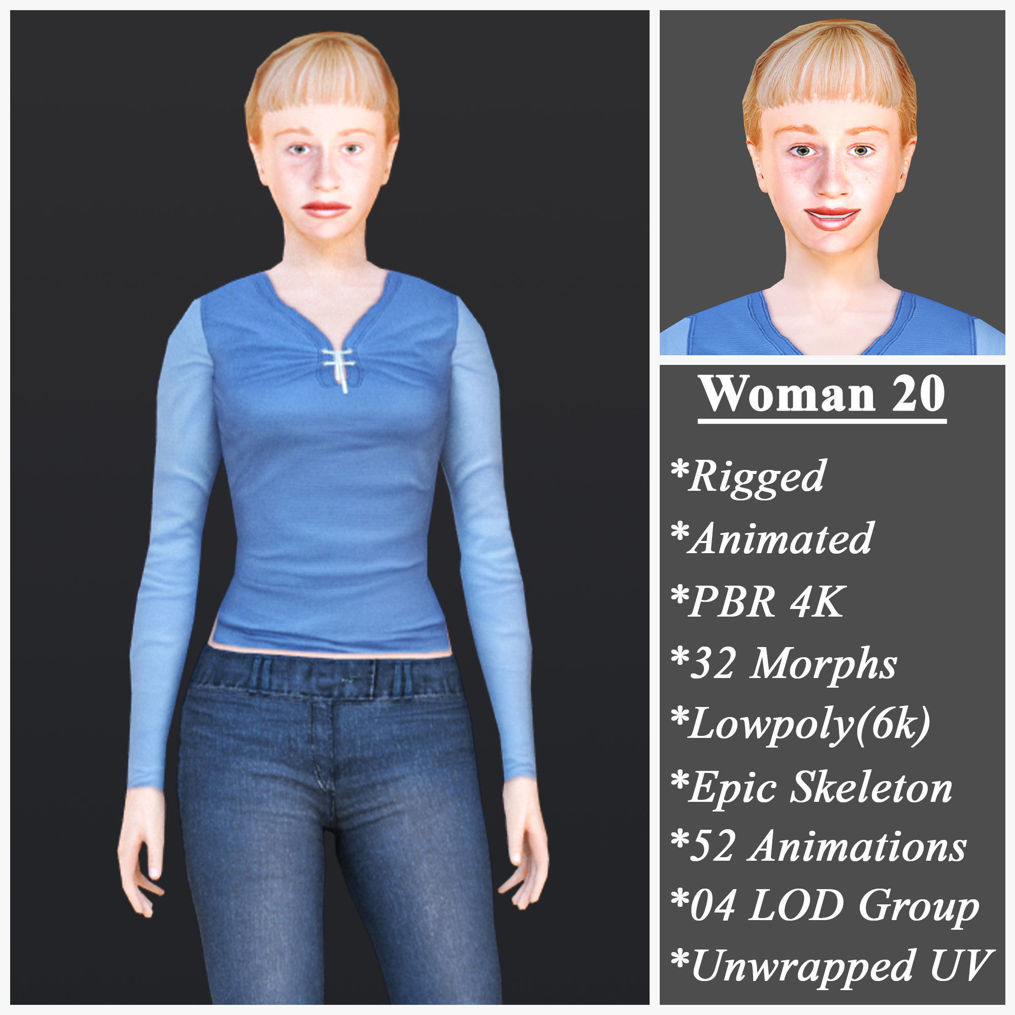 3D model Woman 20 With 52 Animations 32 morphs VR / AR / low-poly ...