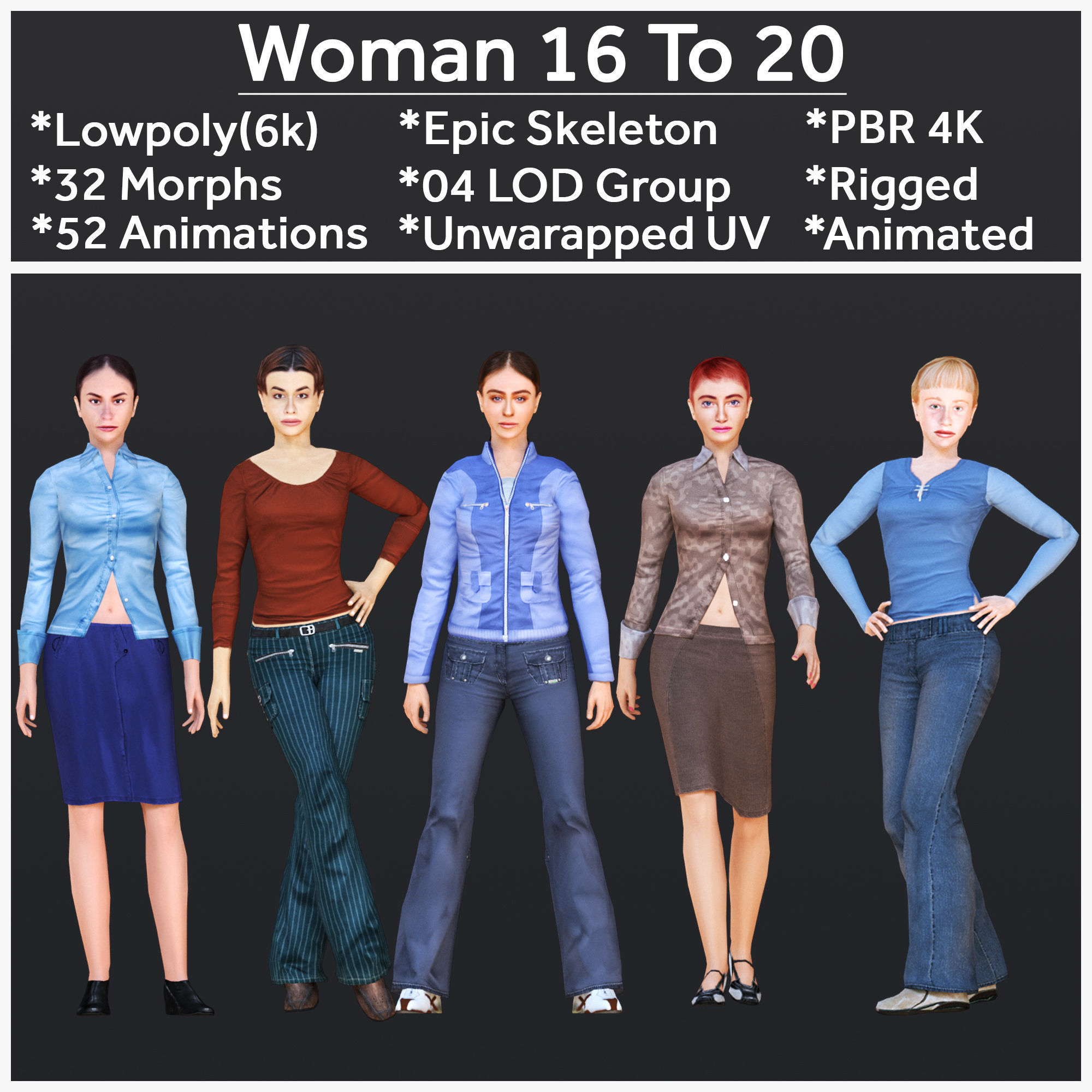 3D Model Collection Woman 16 To 20 With 52 Animations 32 morphs VR / AR ...