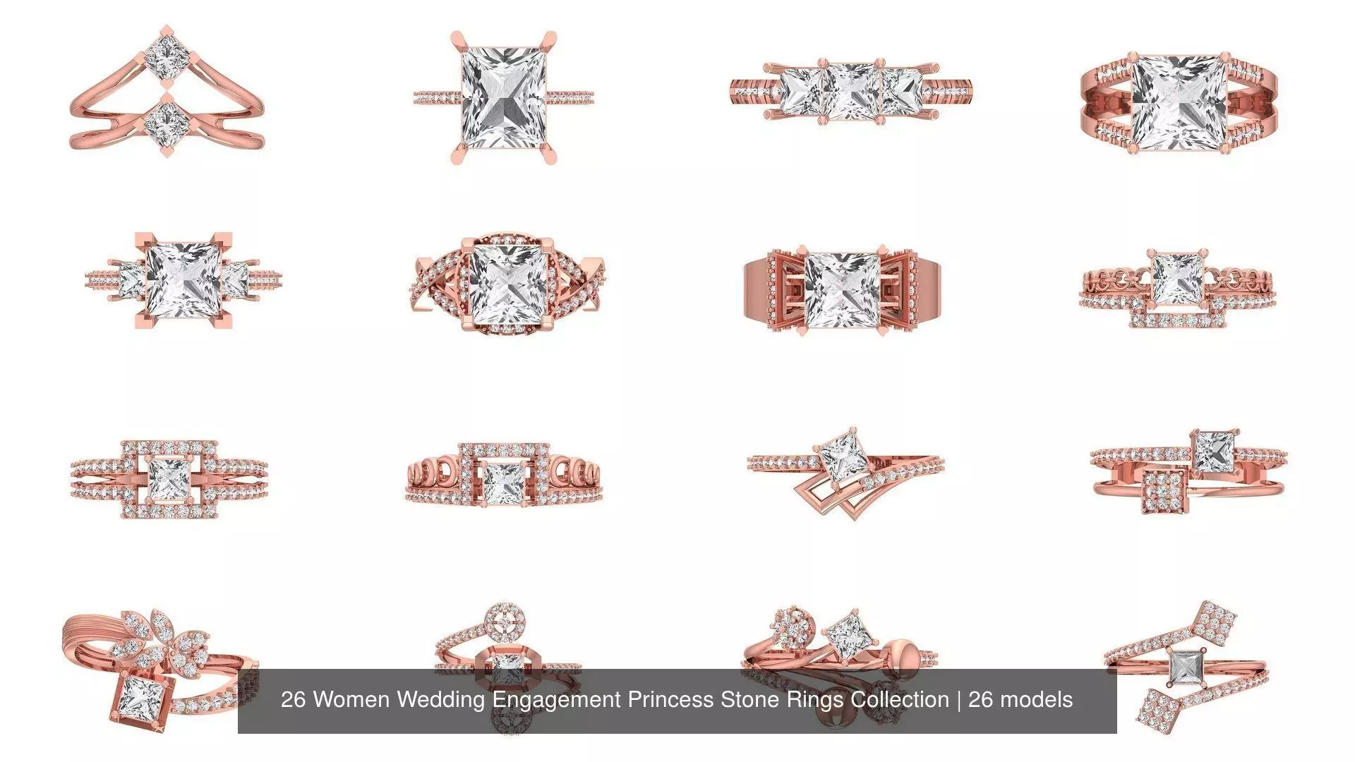 26 Women Wedding Engagement Princess Stone Rings Collection 3D Model ...