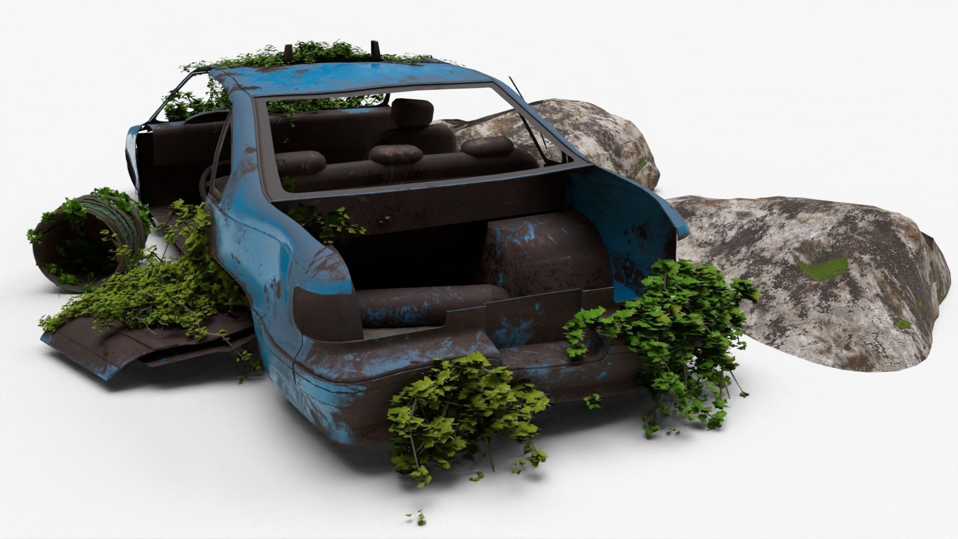 3D model 4K realistic low poly abandoned car recycle bin and rock VR ...