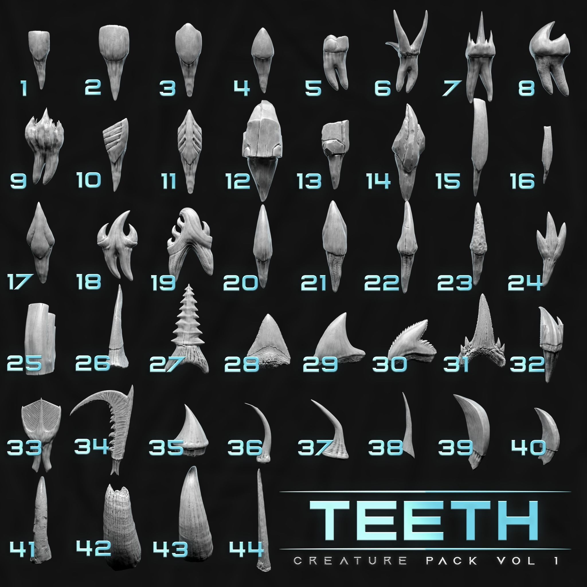 44 TEETH - High Detailed Teeth For Creatures IMM Zbursh-Blender 3D ...