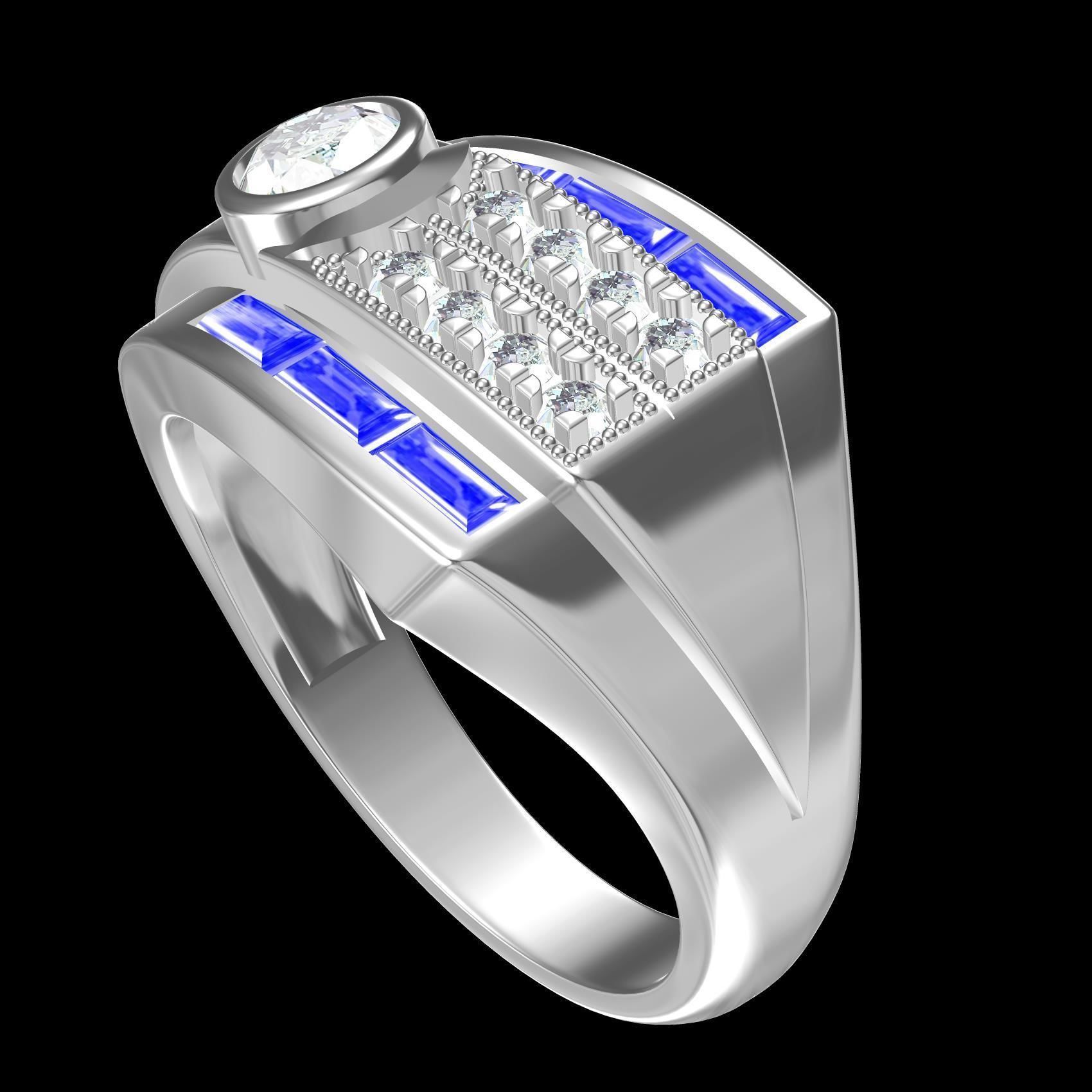 Blue Sapphire Baguette and Round Diamond Art Deco Mens Ring 3D model 3D printable | CGTrader