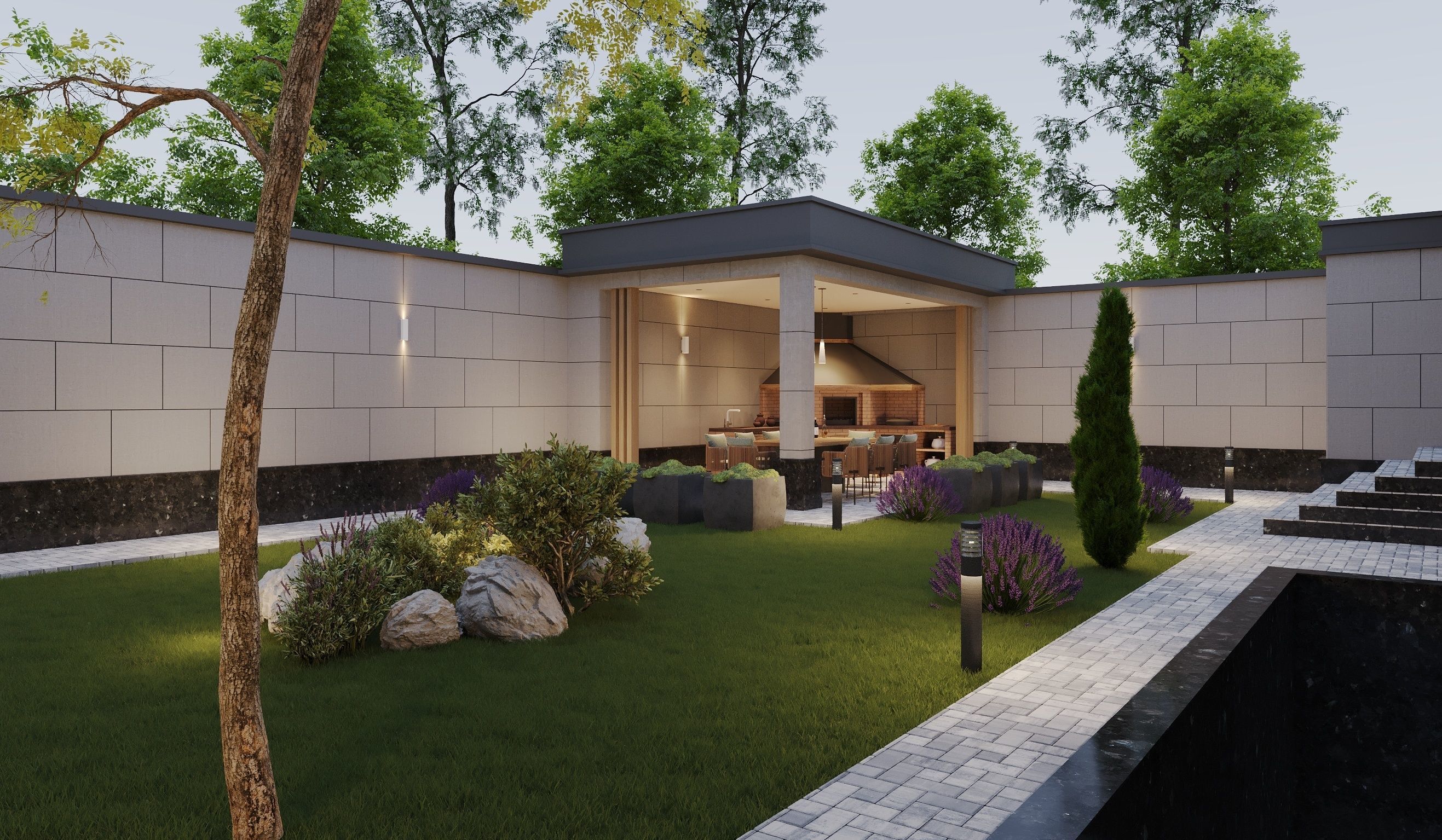 landscape courtyard design and kitchen design free 3D model | CGTrader