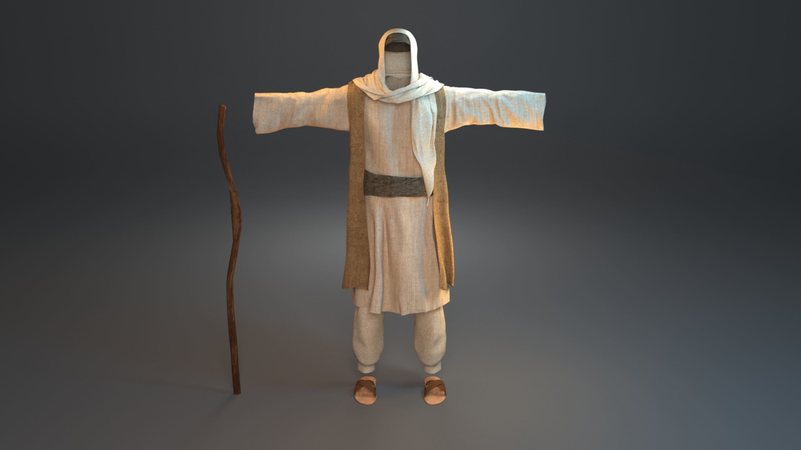 Old arab man clothes with sandal and stick 3D model | CGTrader