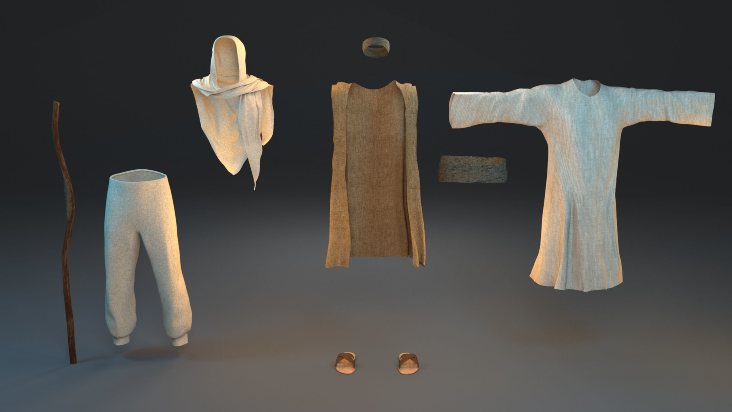 Old arab man clothes with sandal and stick 3D model | CGTrader