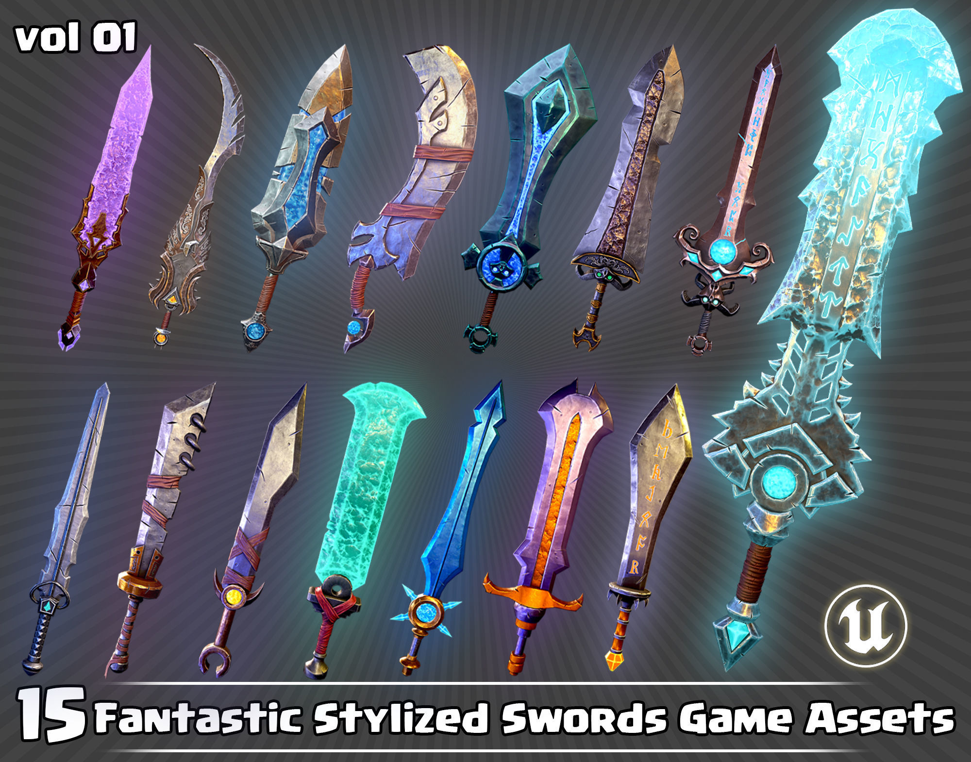3D model 15 Fantastic Stylized Swords Game Assets VR / AR / low-poly ...