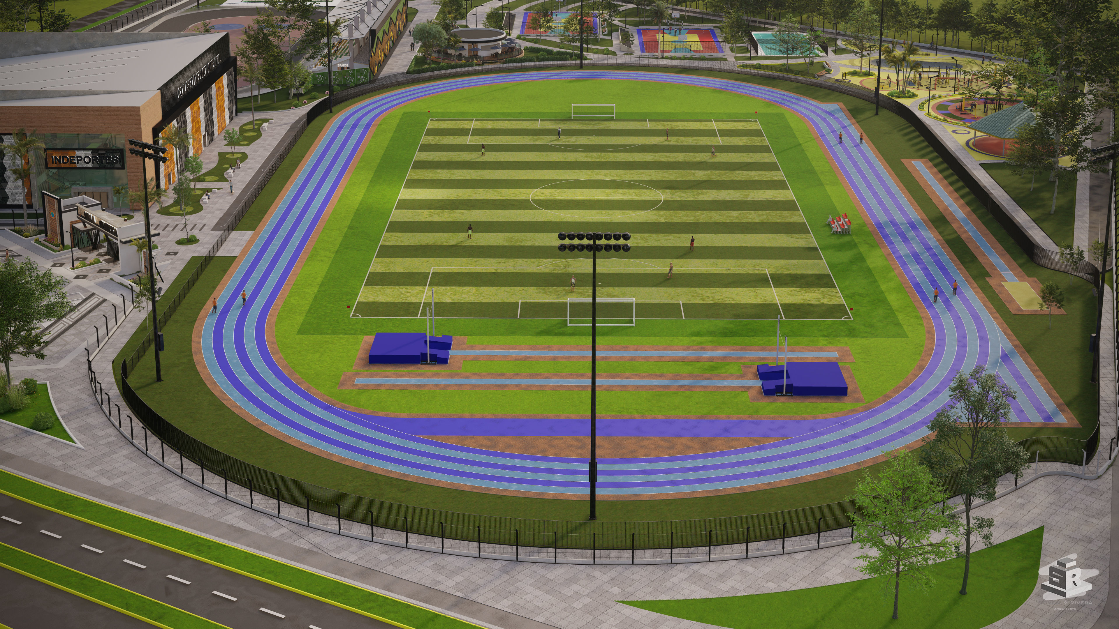 3D model sports village with a variety of sports venues VR / AR / low ...