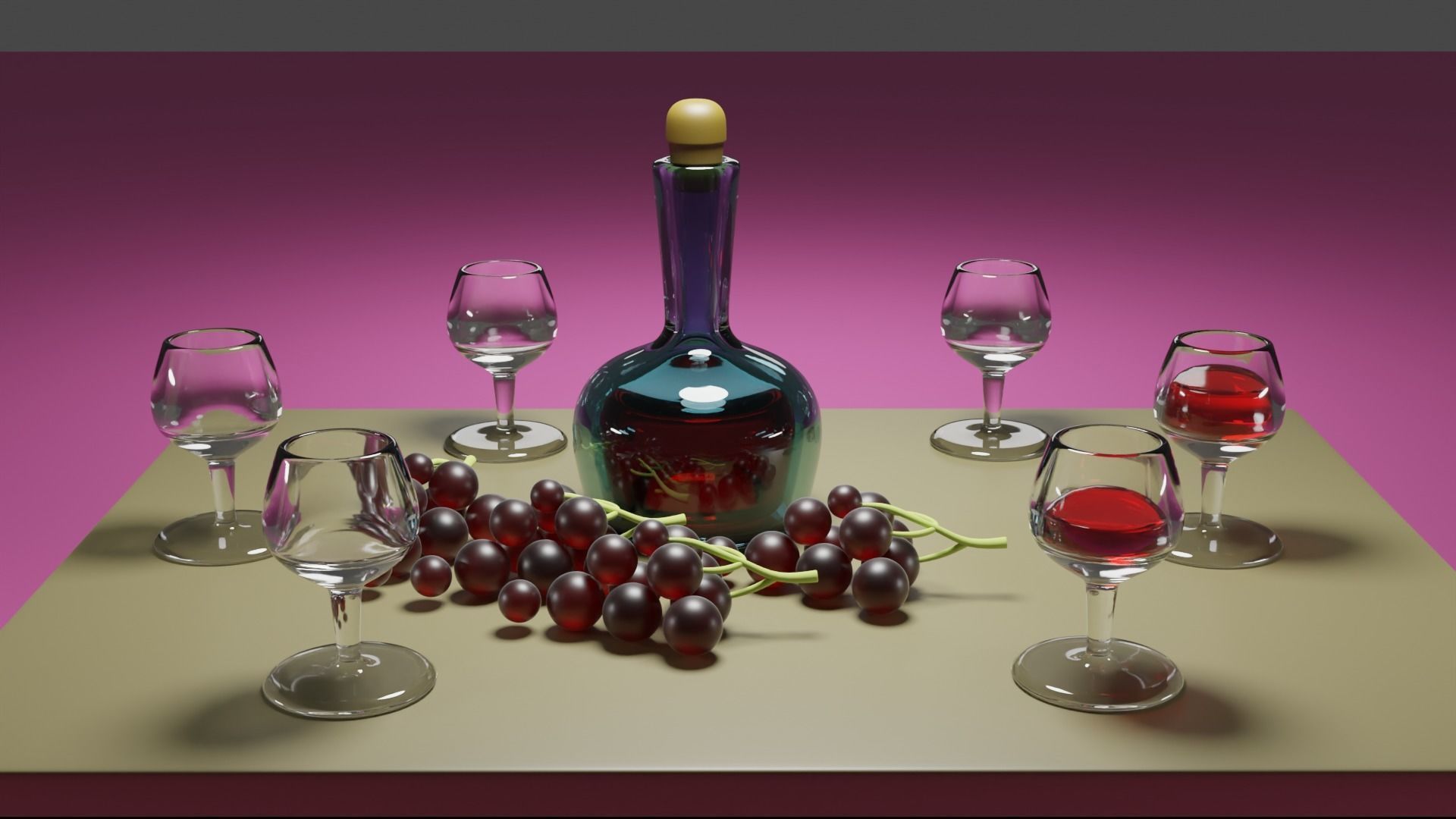 Wine bottle and glass and grapes 3D model | CGTrader