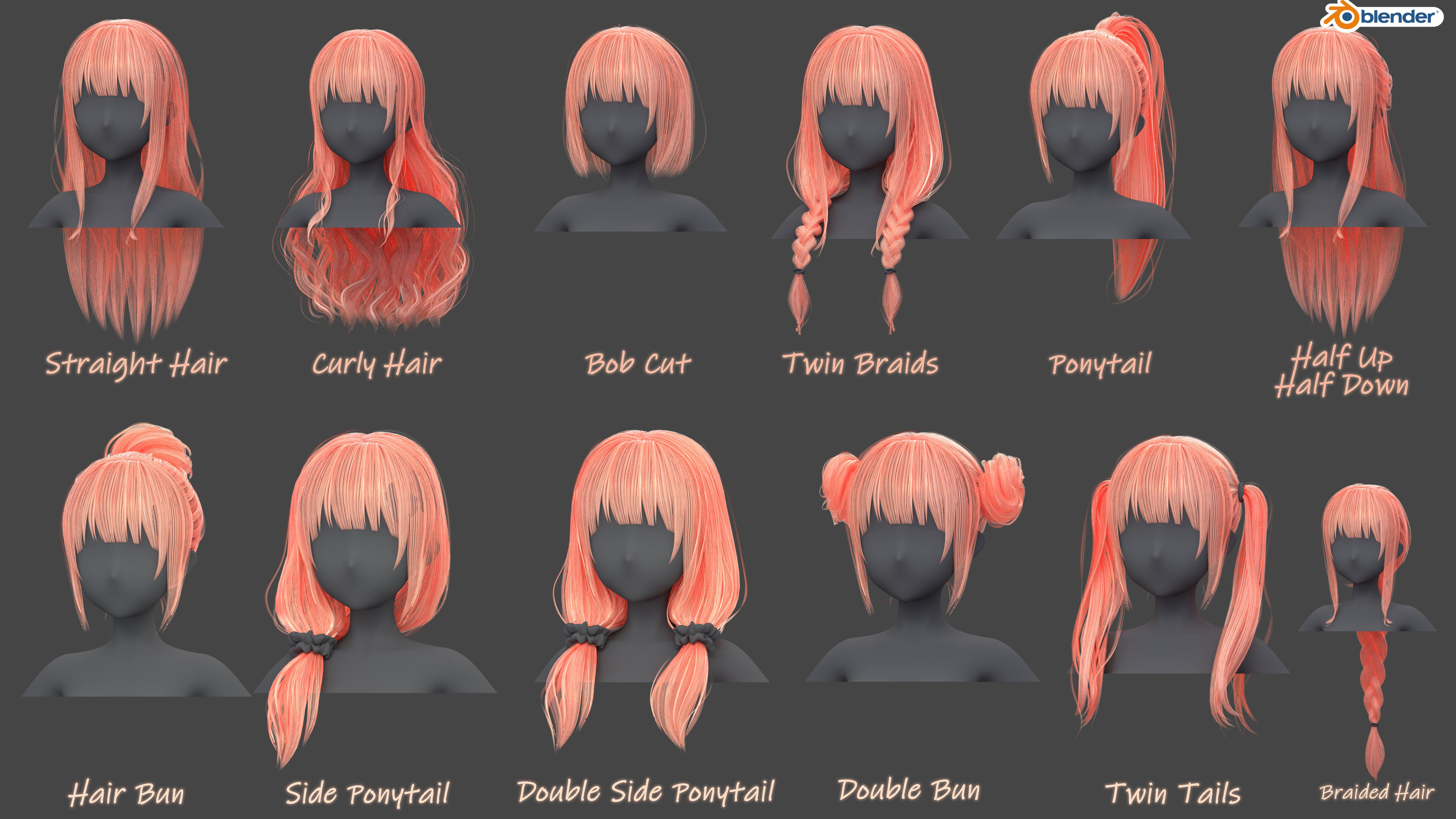 3D model Poly Hairstyle pack-12 types of Hairstyles-obj-fbx-blend files VR / AR / low-poly ...
