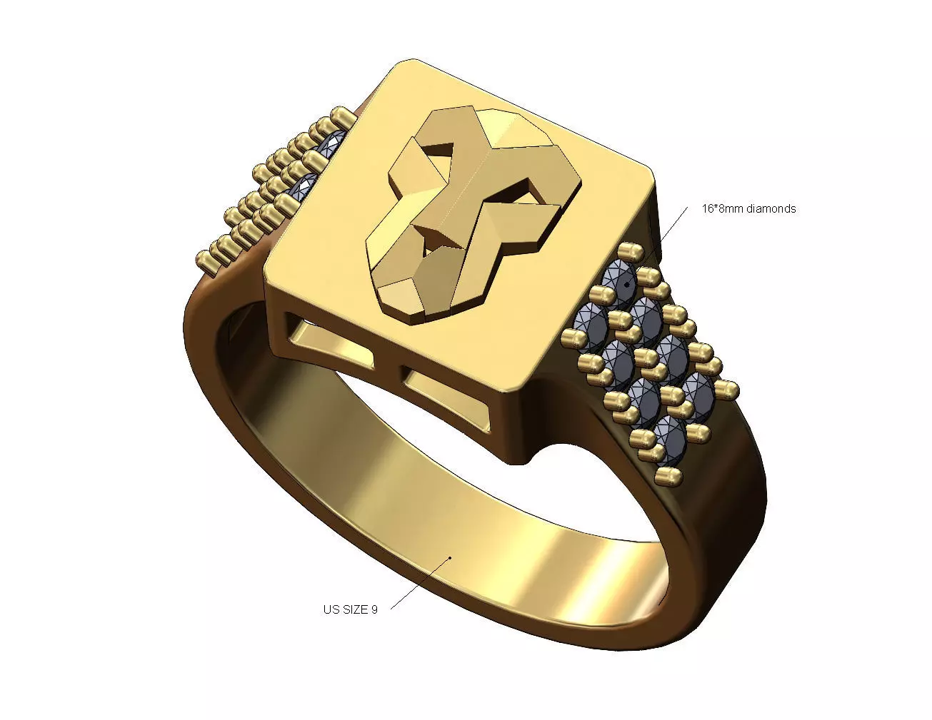 Faceted Lion diamond sides square signet ring US size 9 3D model 3D ...