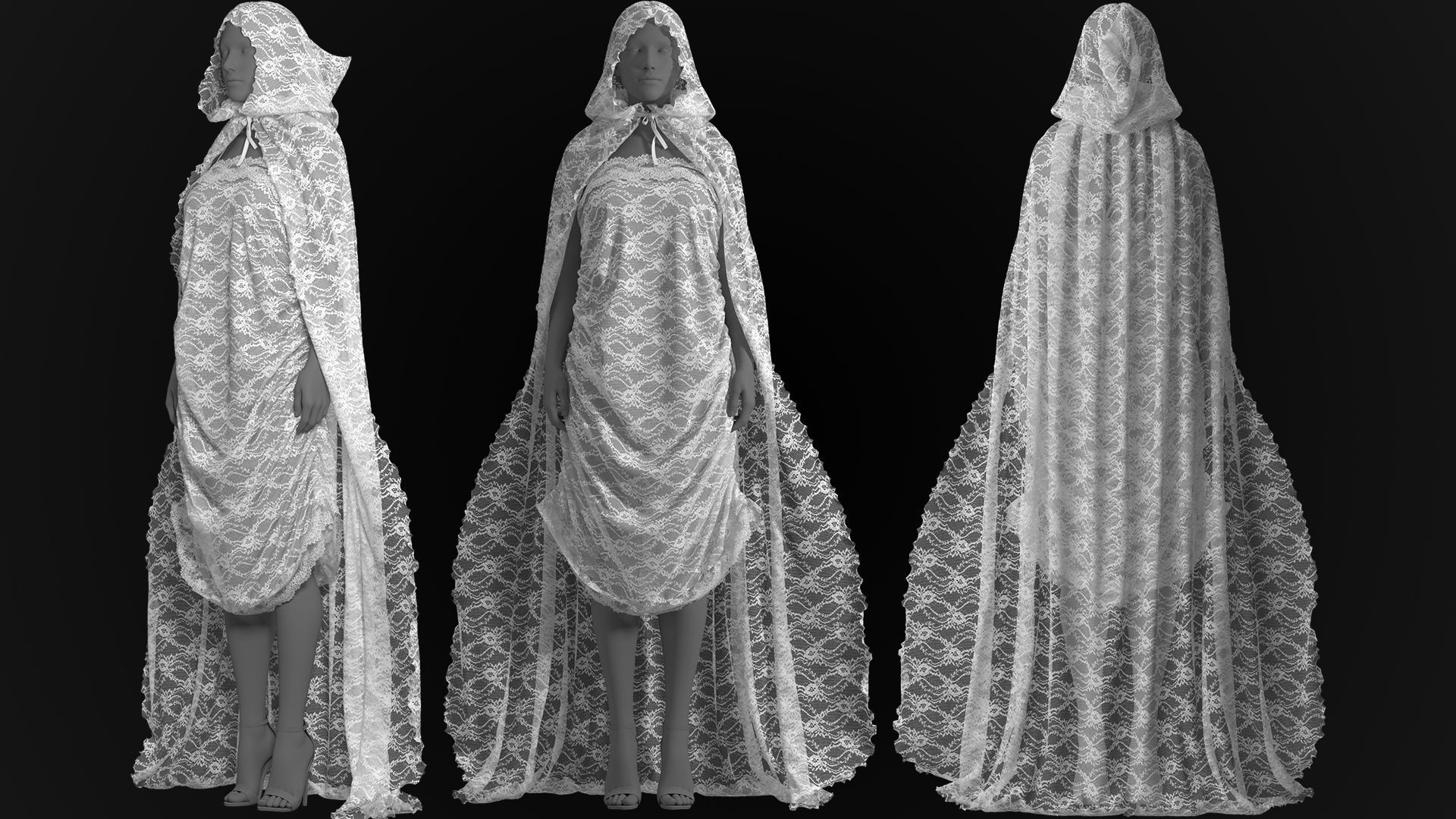 Hooded Cape and Lace Dress Fitted to Gen8 Body Mesh 3D model | CGTrader