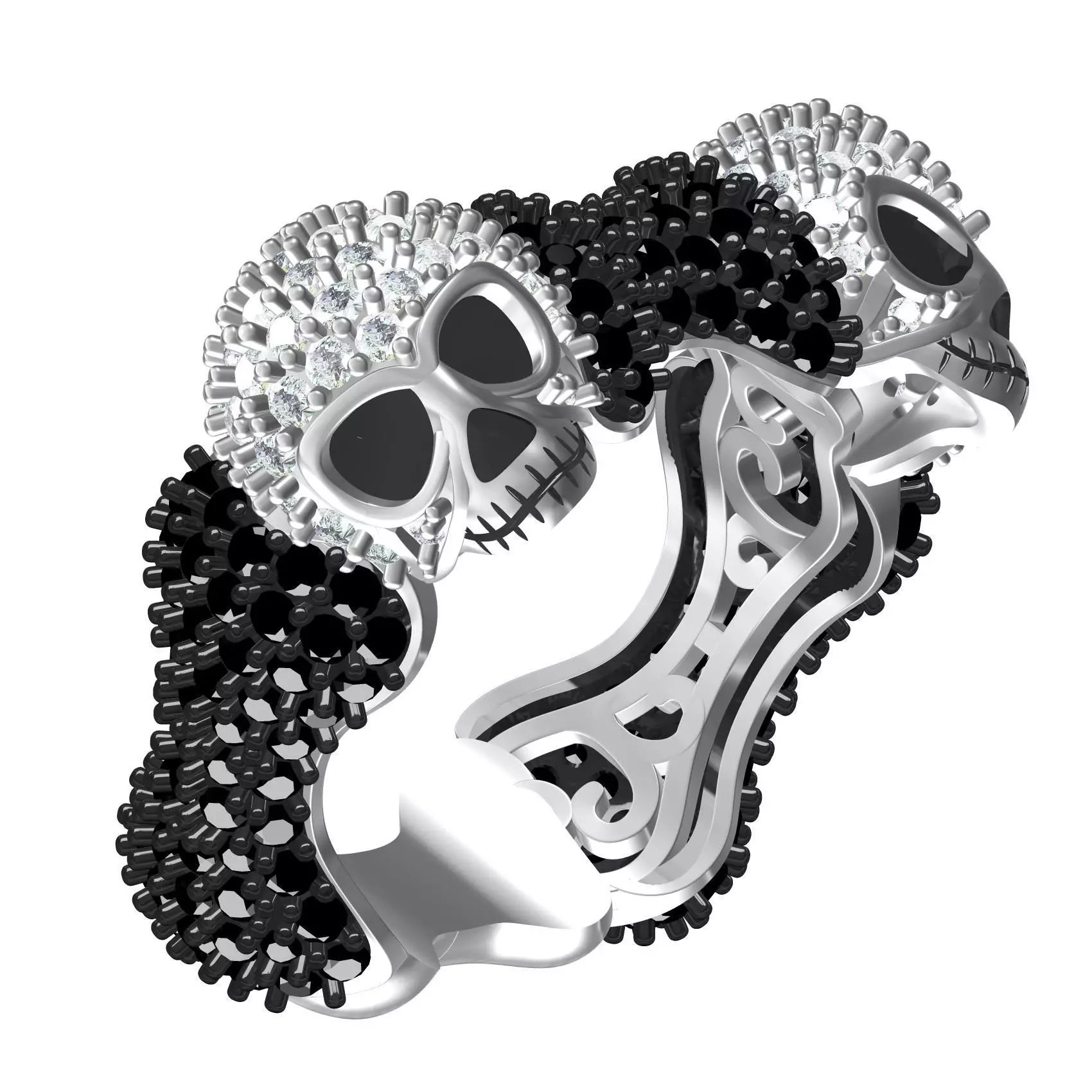 Skull and Bone Black and White Diamond Hip Hop Ring 3D model 3D printable | CGTrader