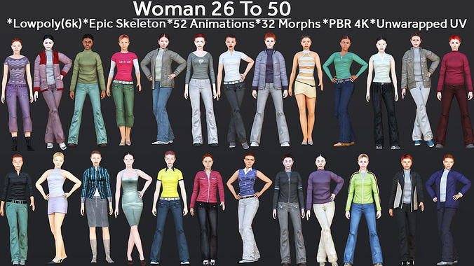 3D model Woman 26 To 50 With 52 Animations 32 Morphs VR / AR / low-poly ...