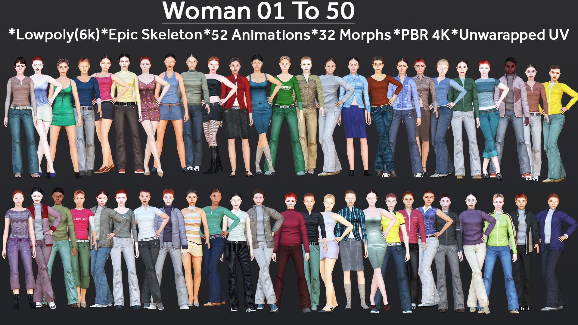 3D model Woman 1 To 50 With 52 Animations 32 Morphs VR / AR / low-poly ...