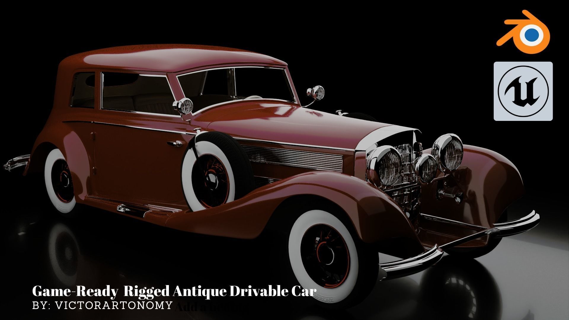 3D model 1930-50s Antique game-ready rigged drivable car with interiors ...