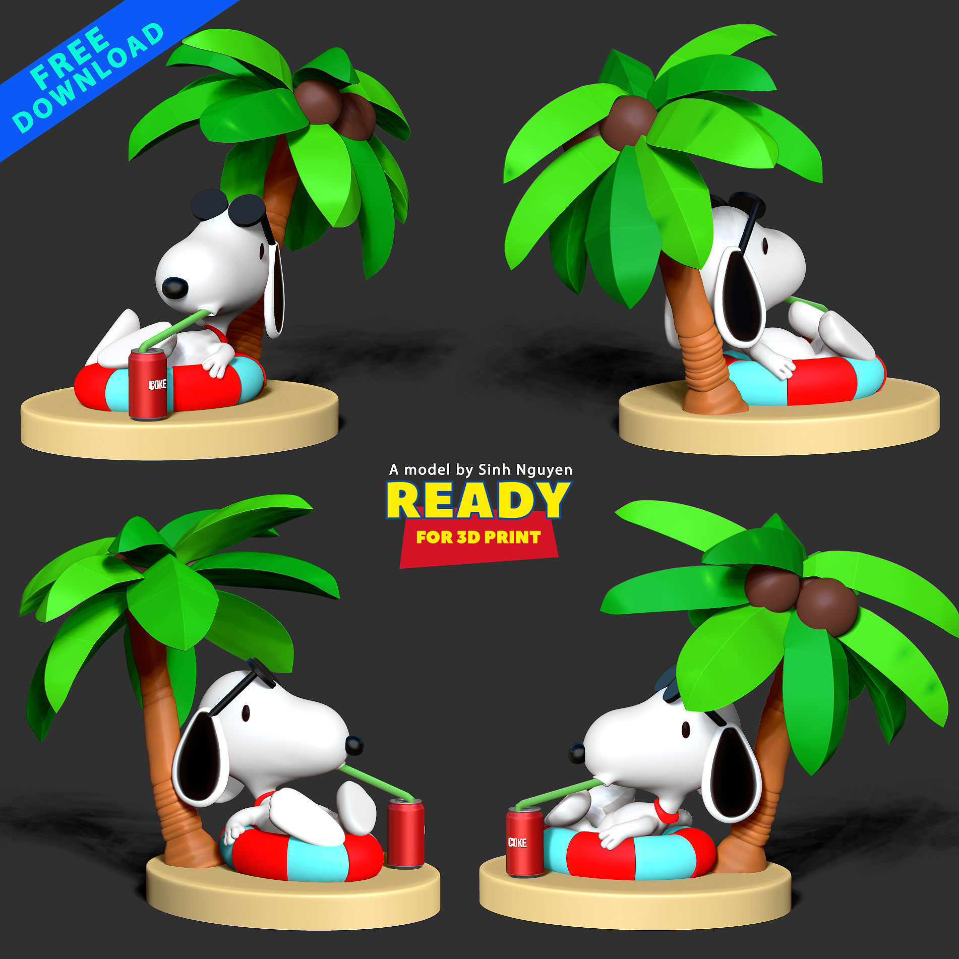 Snoopy at the beach free 3D model 3D printable | CGTrader