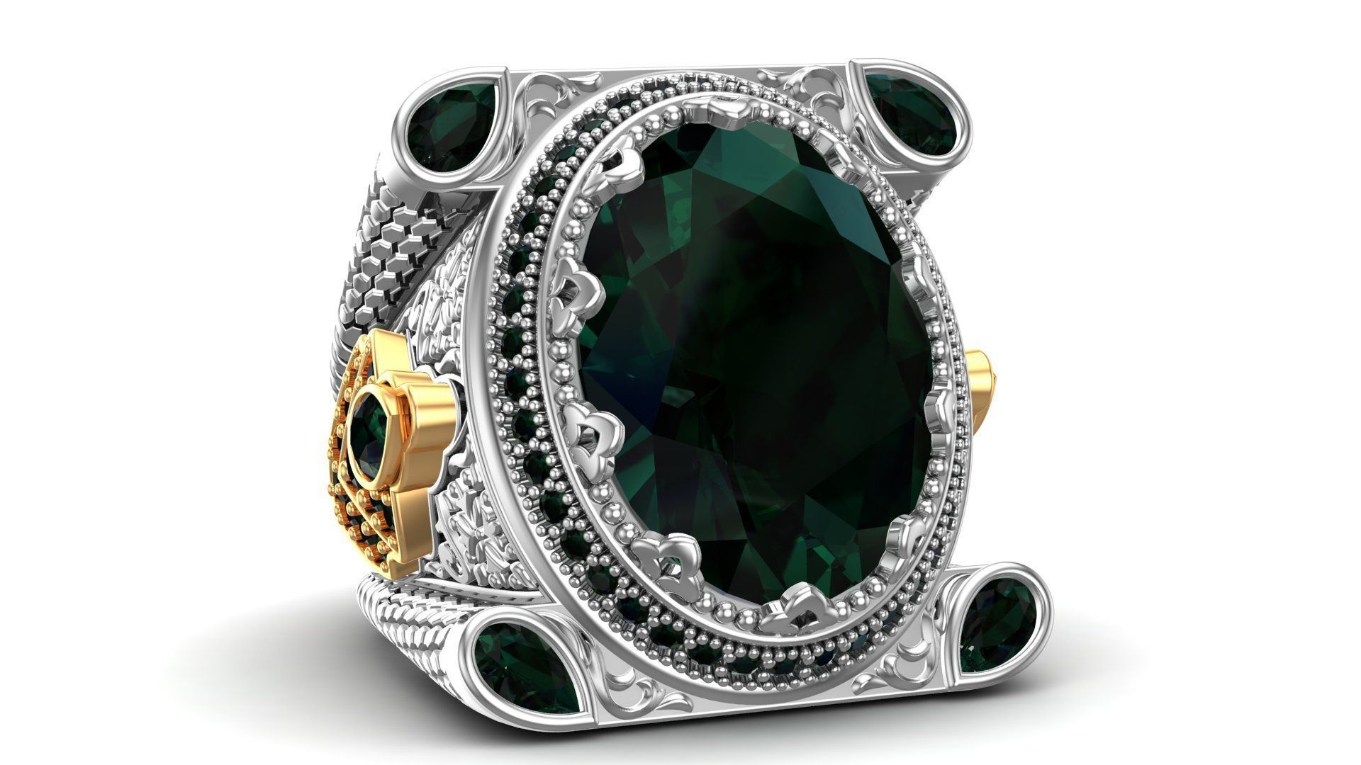 Turkish King Crown Ottoman Oval Green Emerald Stone Mans Ring 3D model ...