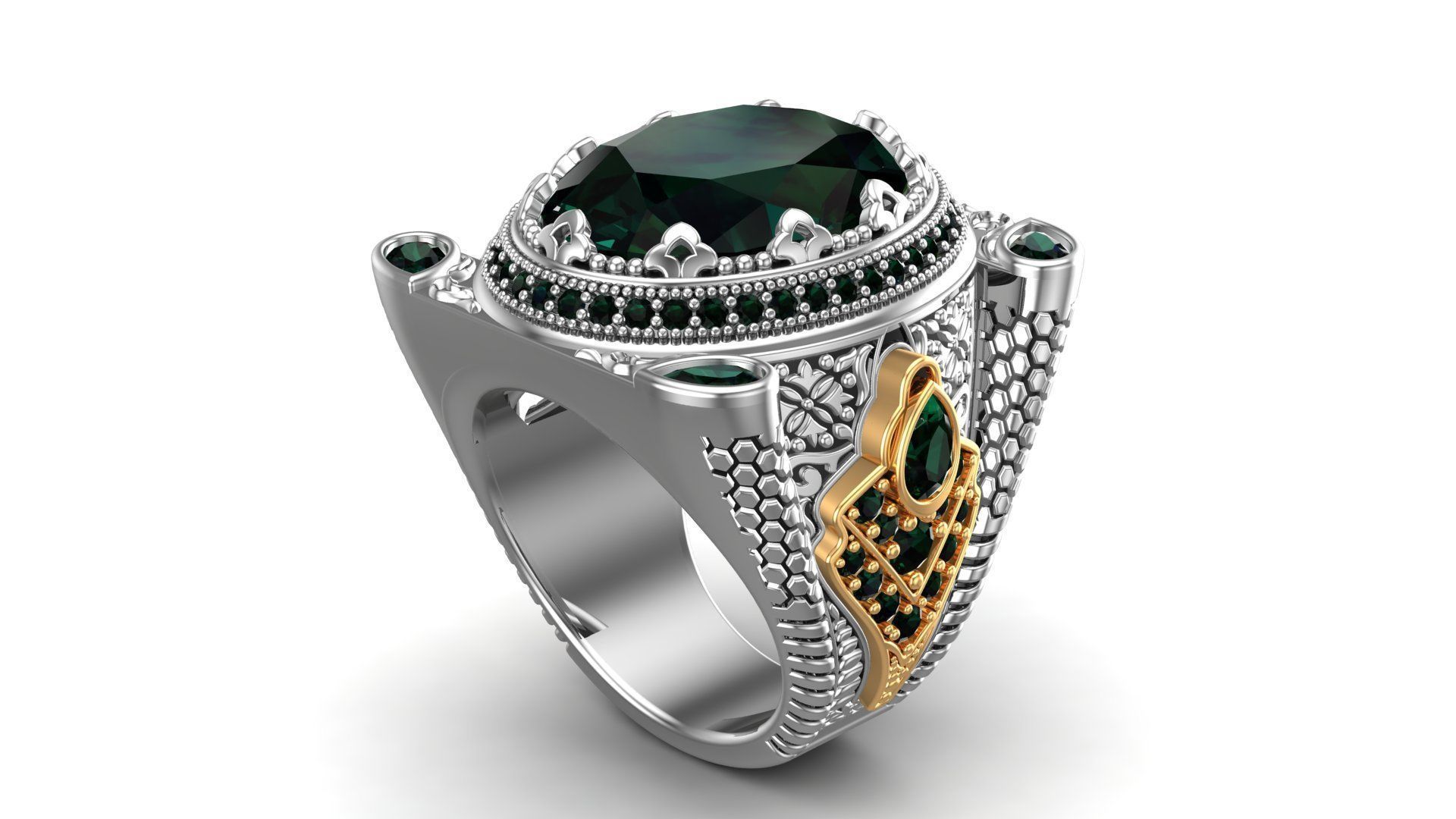 Turkish King Crown Ottoman Oval Green Emerald Stone Mans Ring 3D model ...