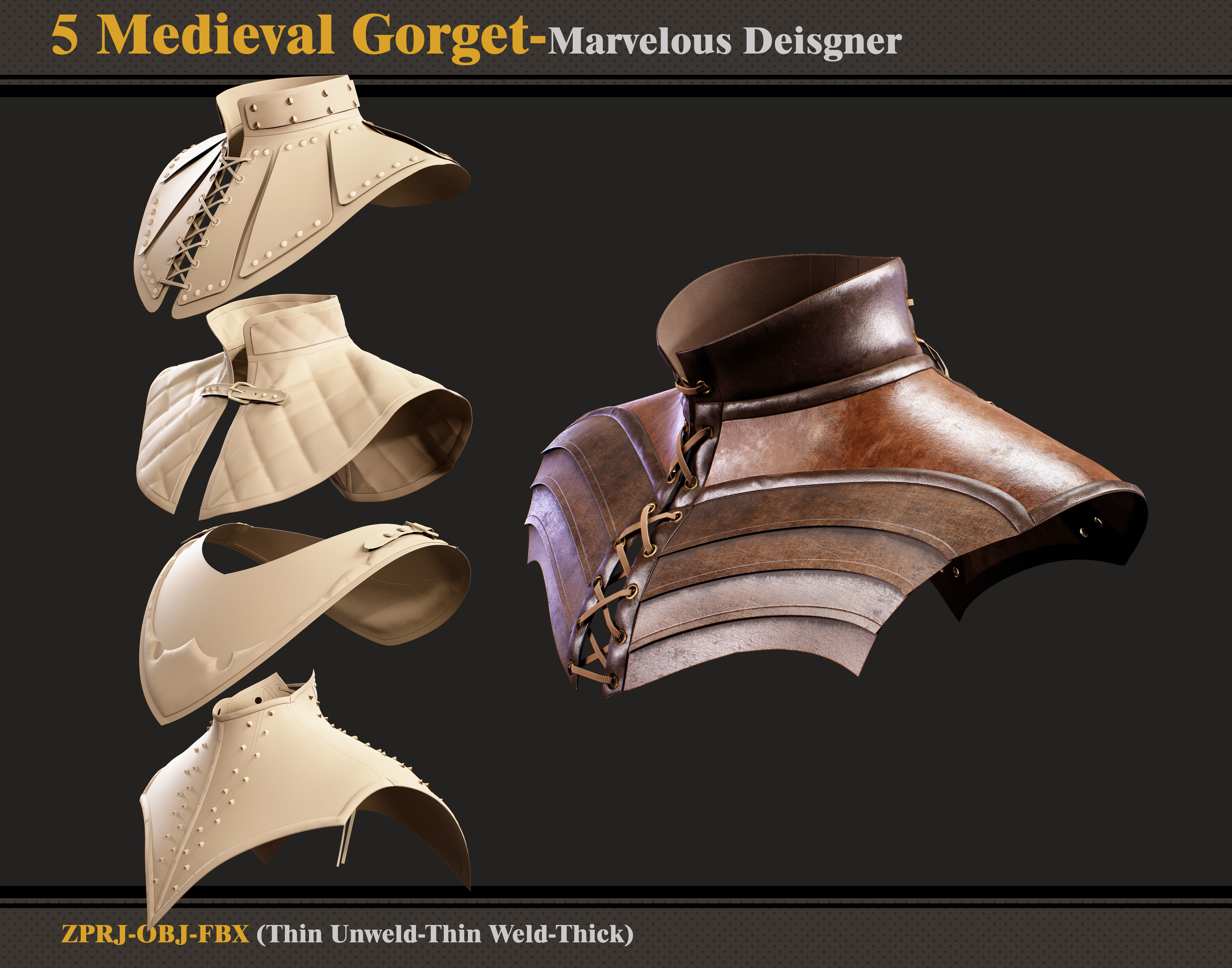 5 Medieval Gorgets-Marvelous Designer -ZPRJ- FBX- OBJ 3D model | CGTrader