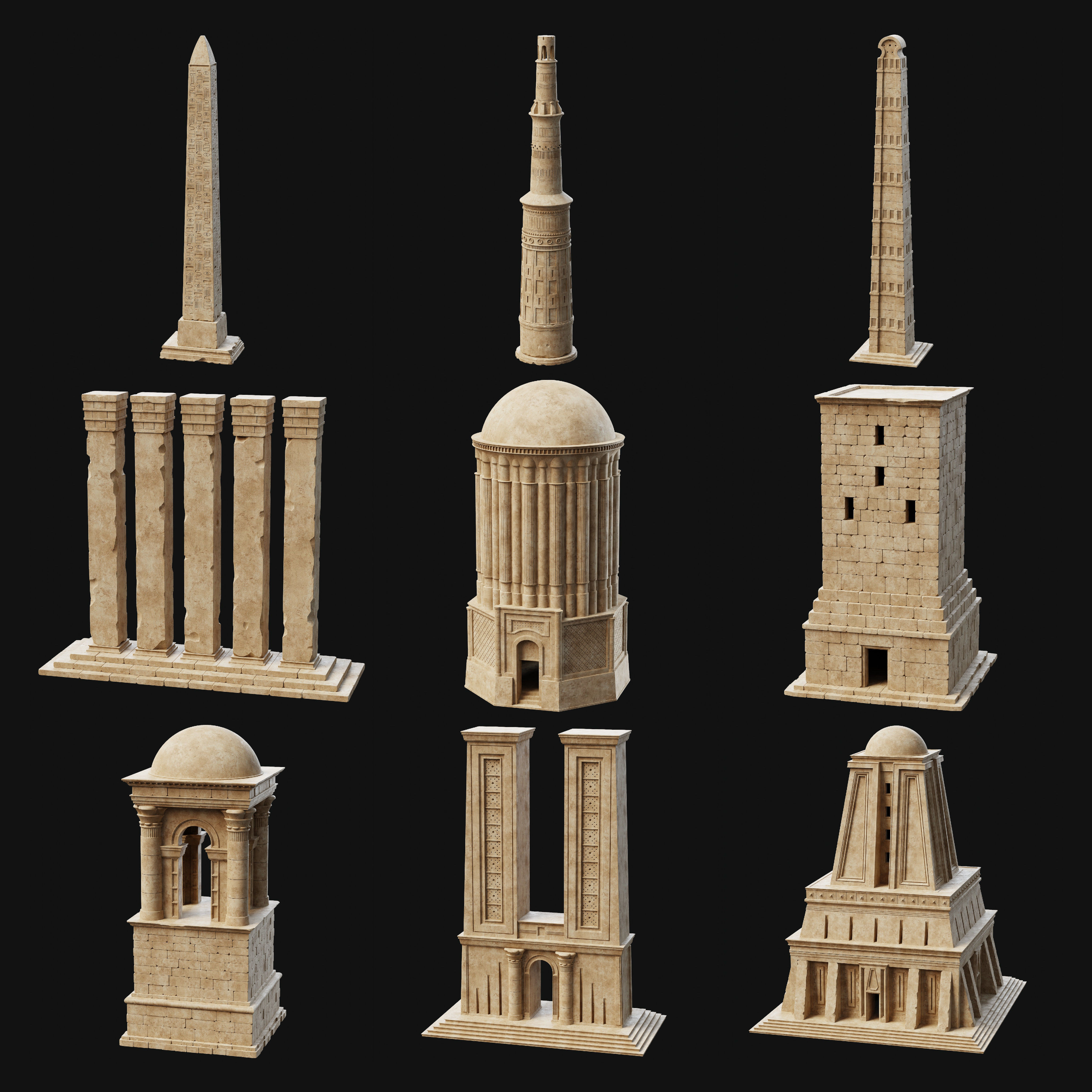 3D model ANCIENT MONUMENTS COLUMN STATUE DESERT EGYPT TOWER COLLECTION ...
