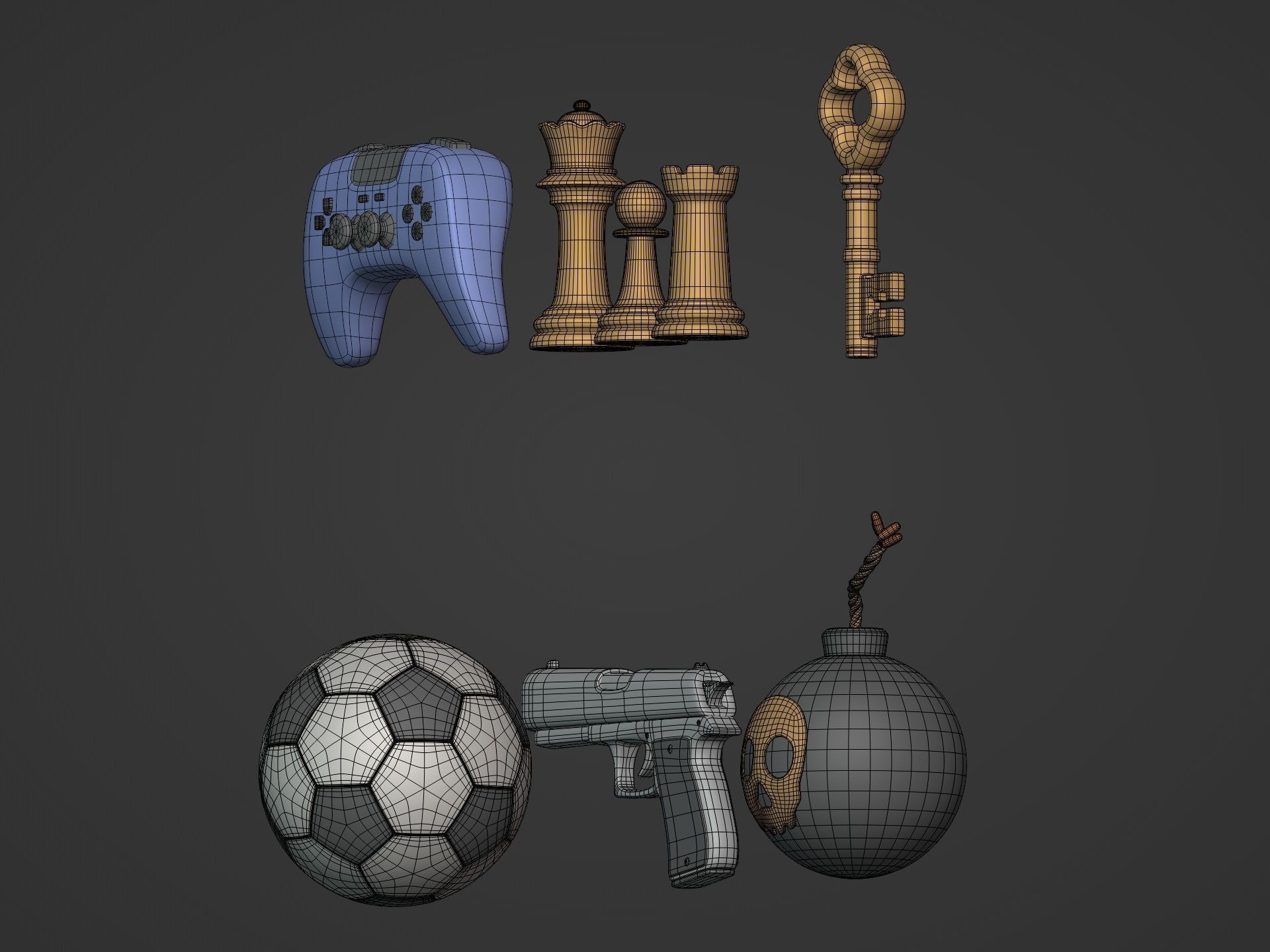 3D model Cartoon Icons Pack - Controller - Bomb - Gun - Soccer Ball ...