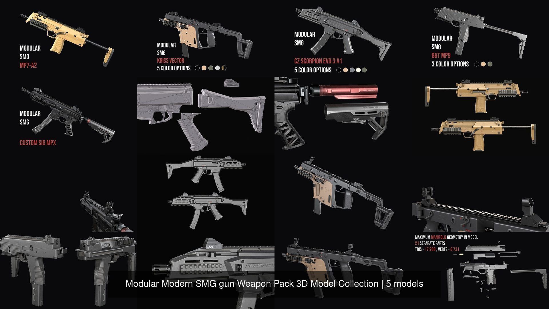 Modular Modern SMG gun Weapon Pack 3D Model Collection VR / AR / low ...