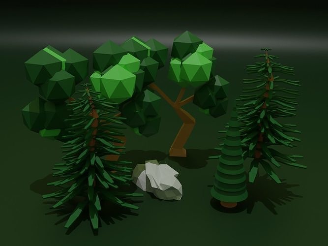 Low-poly trees and rock free 3D model | CGTrader