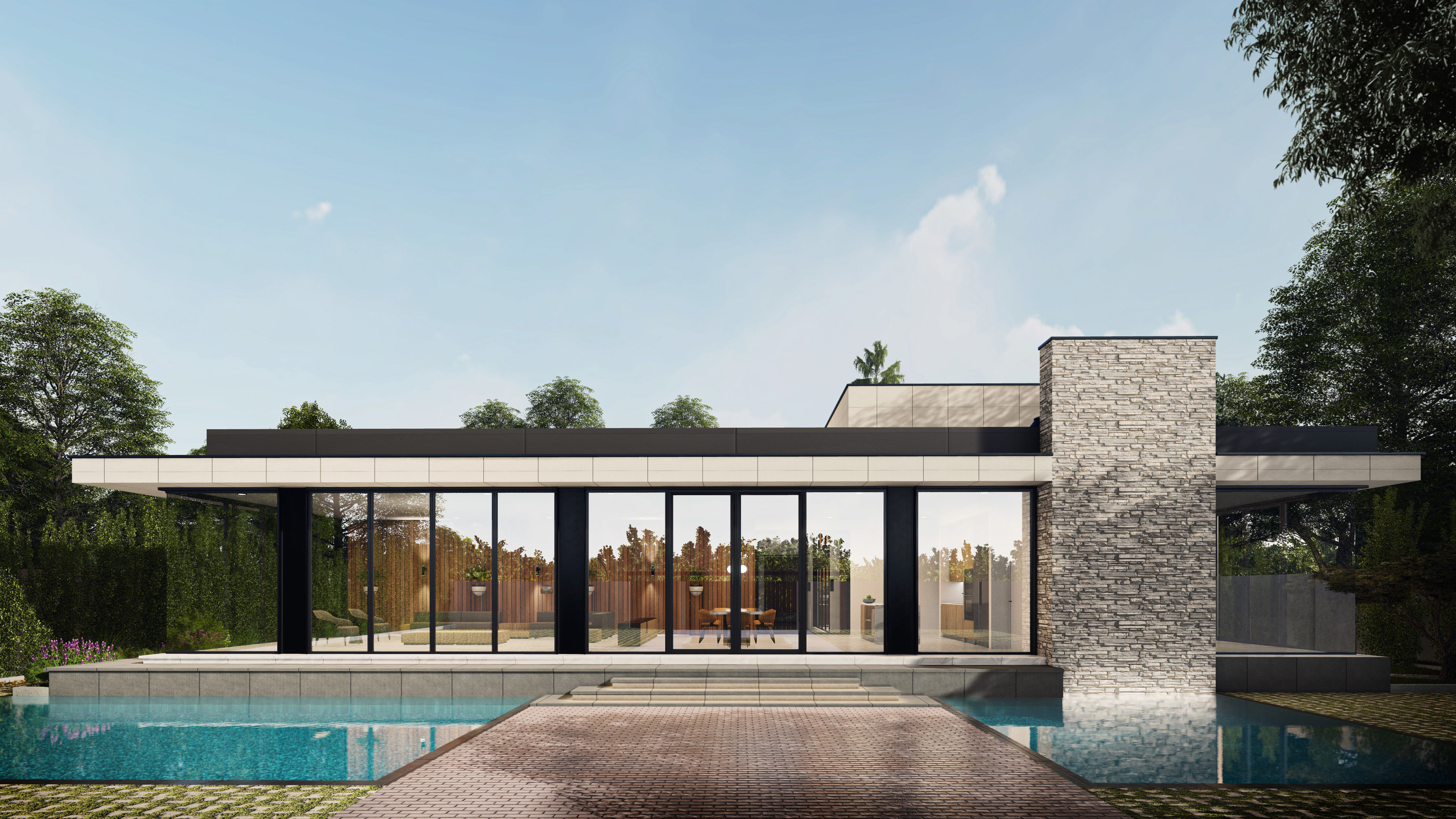 Modern House Exterior Scene with furniture - 2D drawing A1 size 3D ...