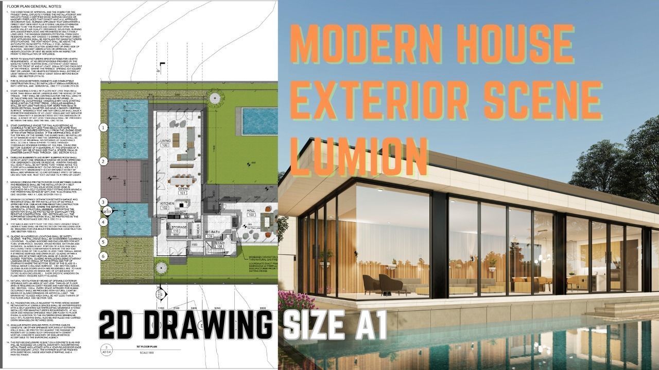 Modern House Exterior Scene with furniture - 2D drawing A1 size 3D ...
