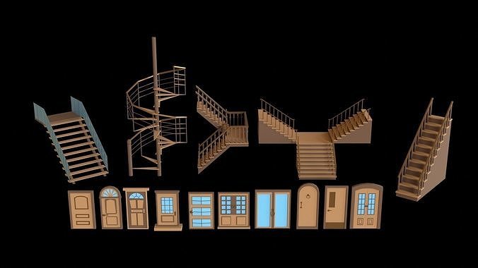 3D model Low poly stairs and doors VR / AR / low-poly | CGTrader