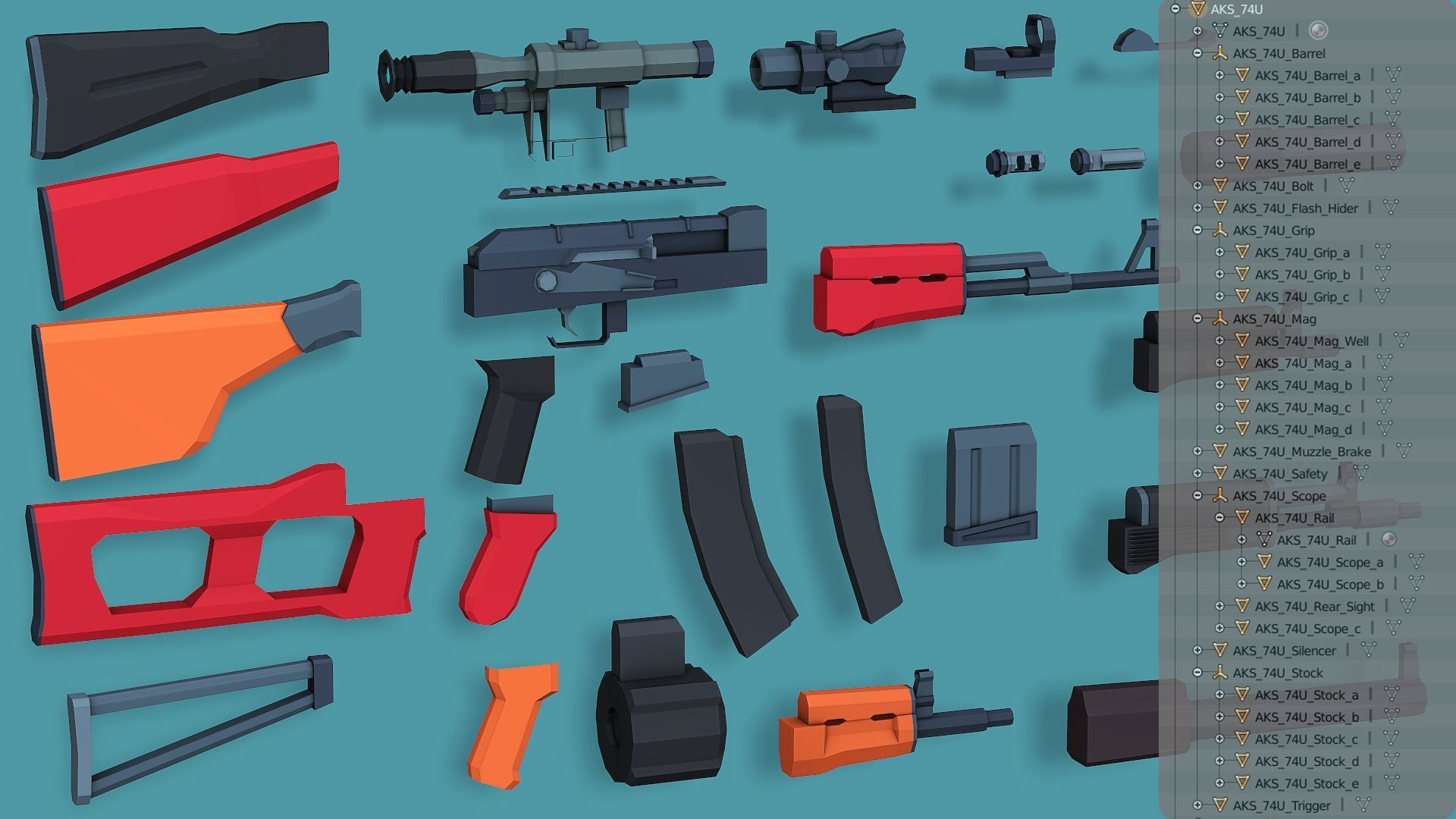 3D model Stylized Modular AKS-74U Rifle Low Poly Mobile Ready VR / AR ...